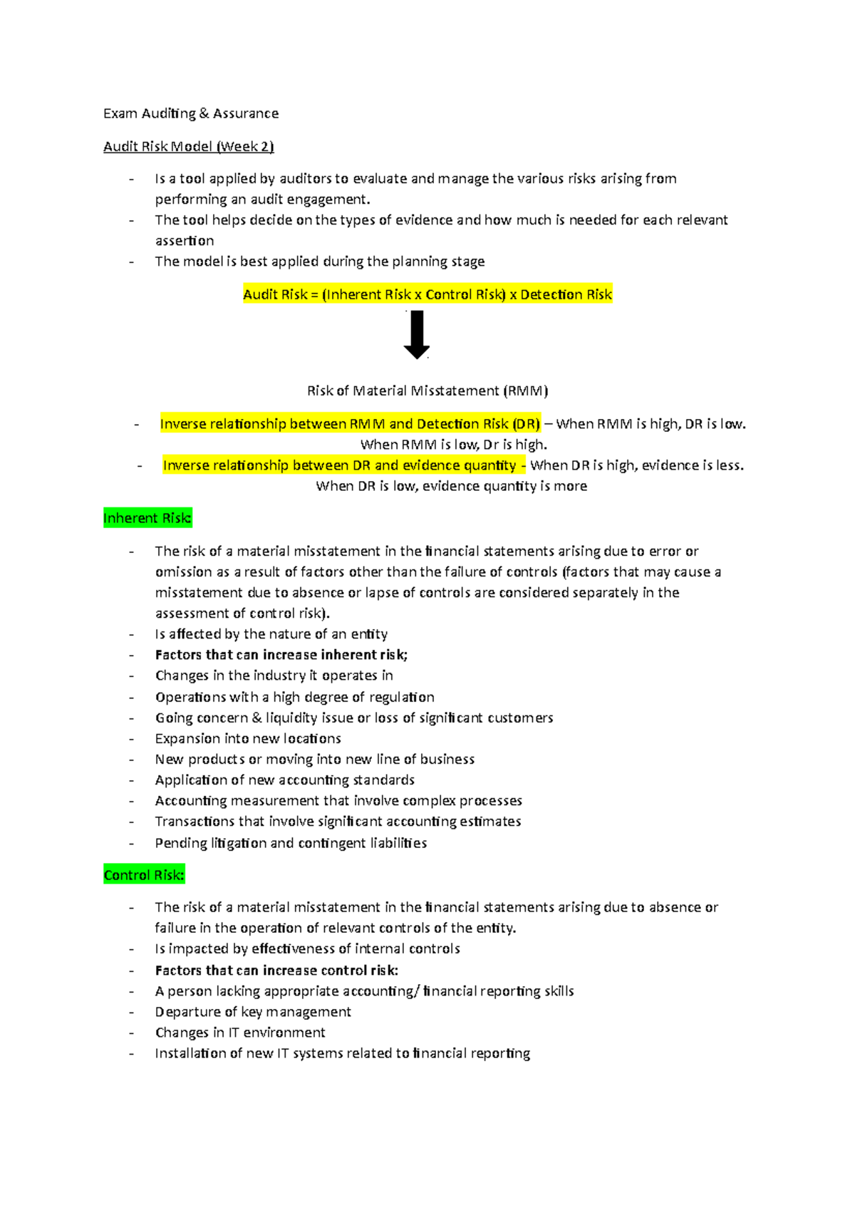 Week 2 Auditing And Assurance Class Notes Exam Auditing And Assurance Audit Risk Model Week 2