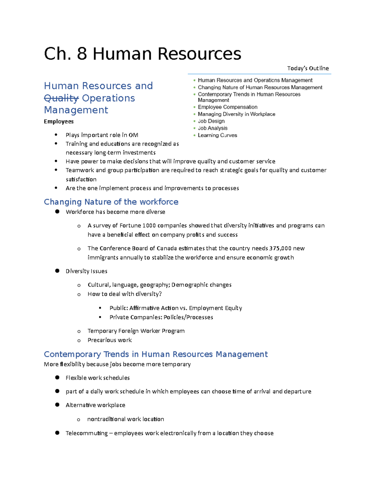 OPMT 1103 - W8 F Notes - Ch. 8 Human Resources - Ch. 8 Human Resources ...