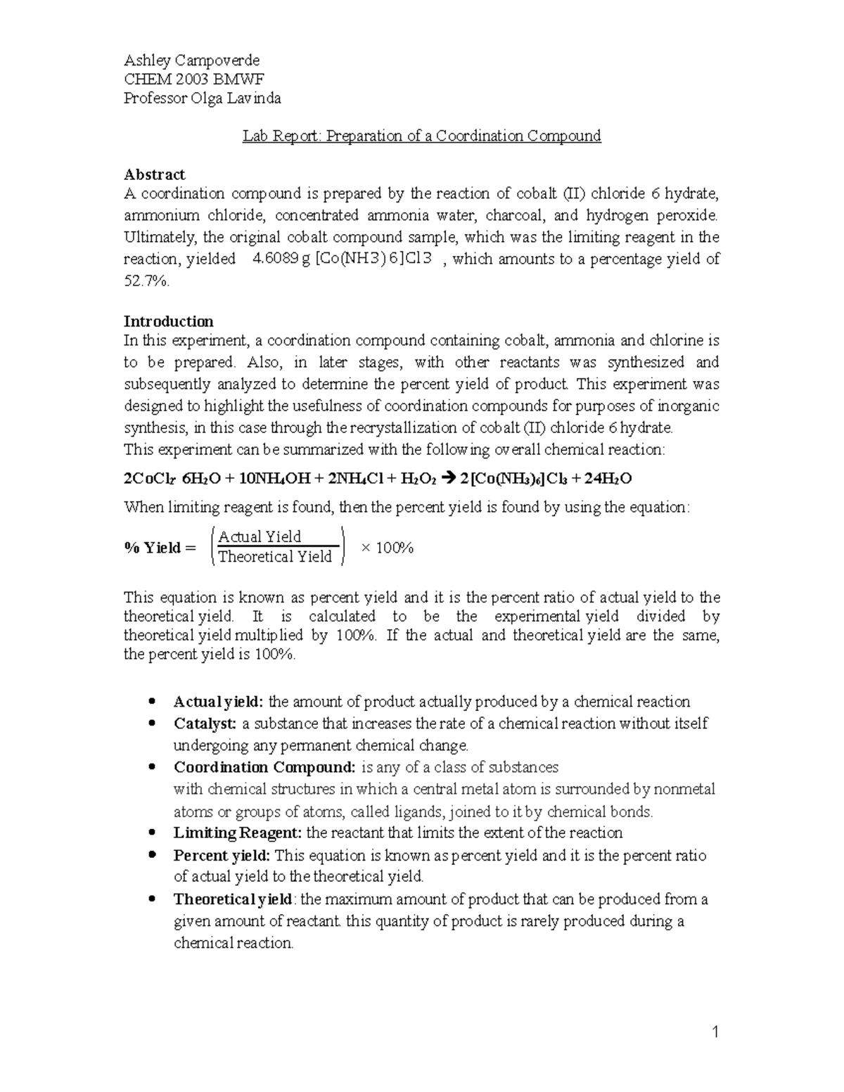 Preparation of Coordination Compound copy - CHEM 2003 BMWF Professor ...