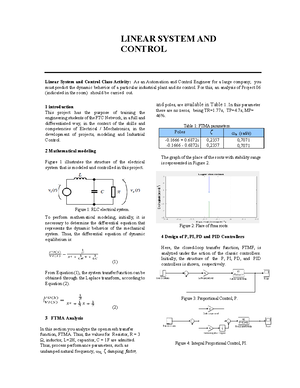 Tuning of controllers - Project 1 - II Linear and Control Systems Unit ...