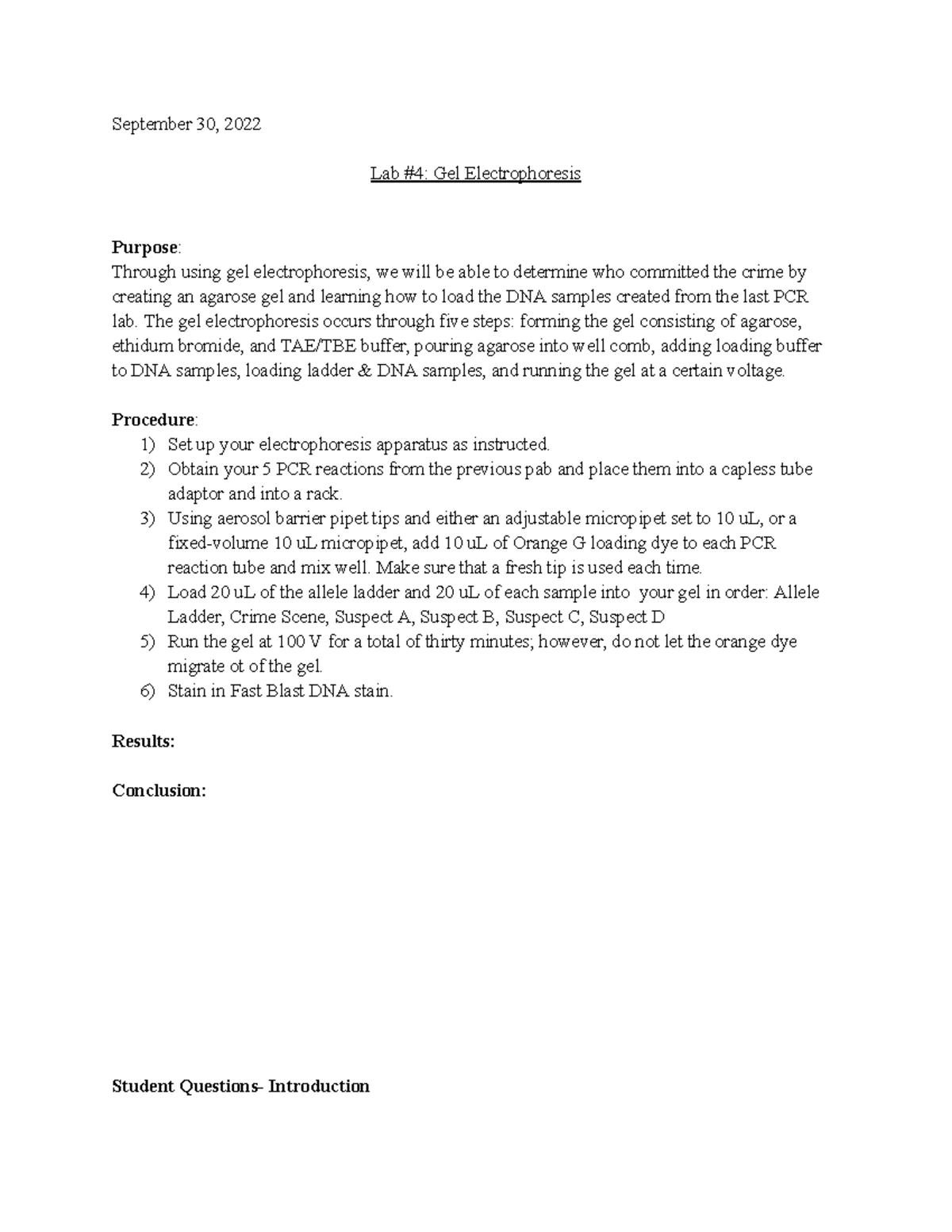 PCR + Electrophoresis Lab Report - September 30, 2022 Lab #4: Gel ...