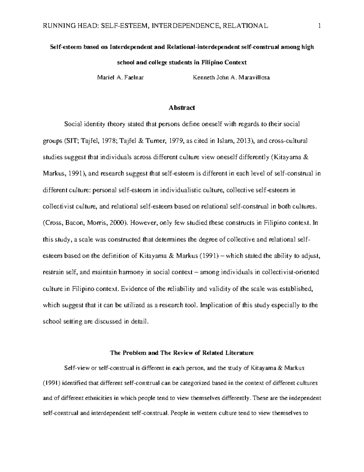 Self-esteem based on interdependent and relational-interdependent self ...