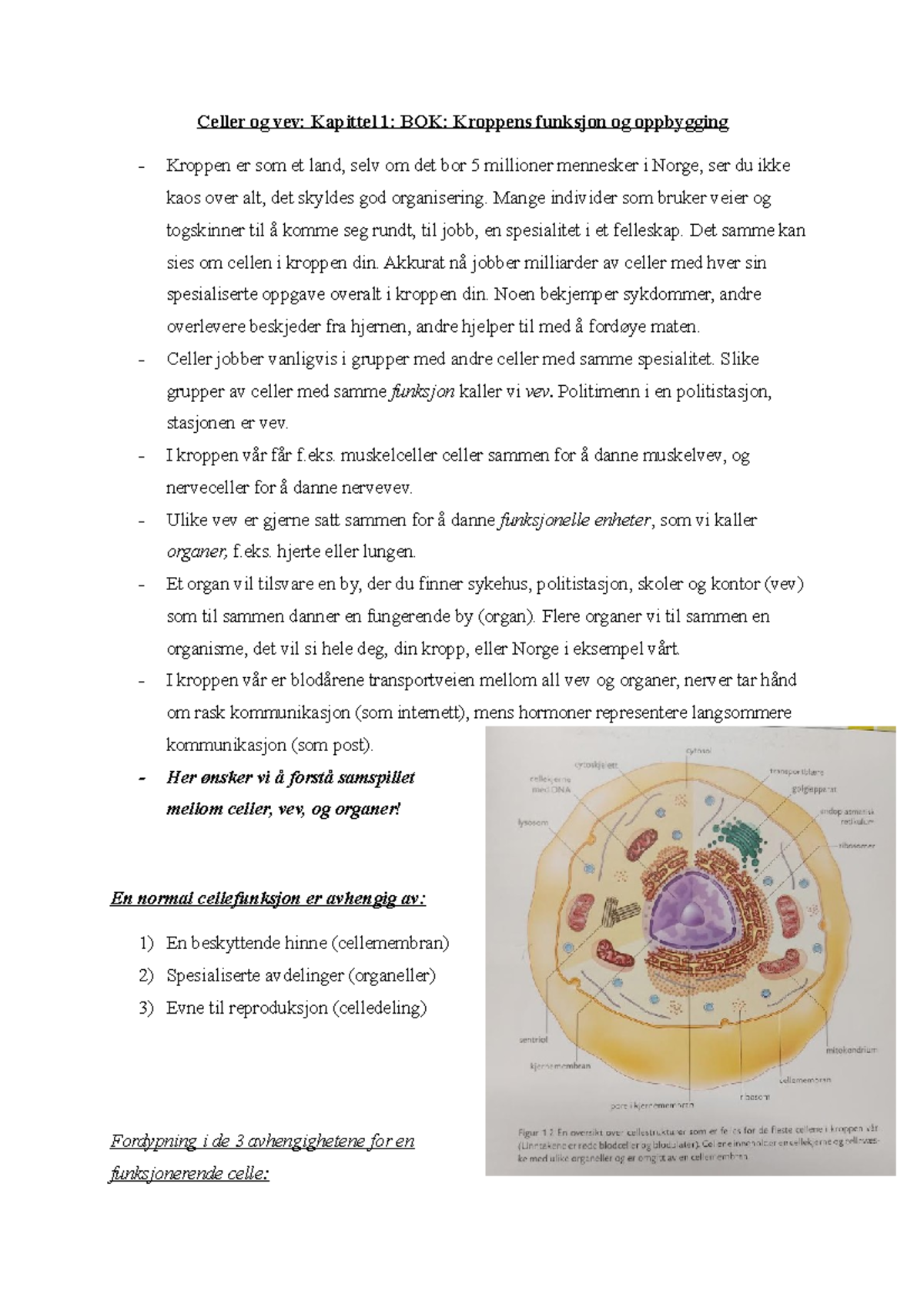 Celler og vev BOK - Celler og vev: Kapittel 1: BOK: Kroppens funksjon og oppbygging Kroppen er ...