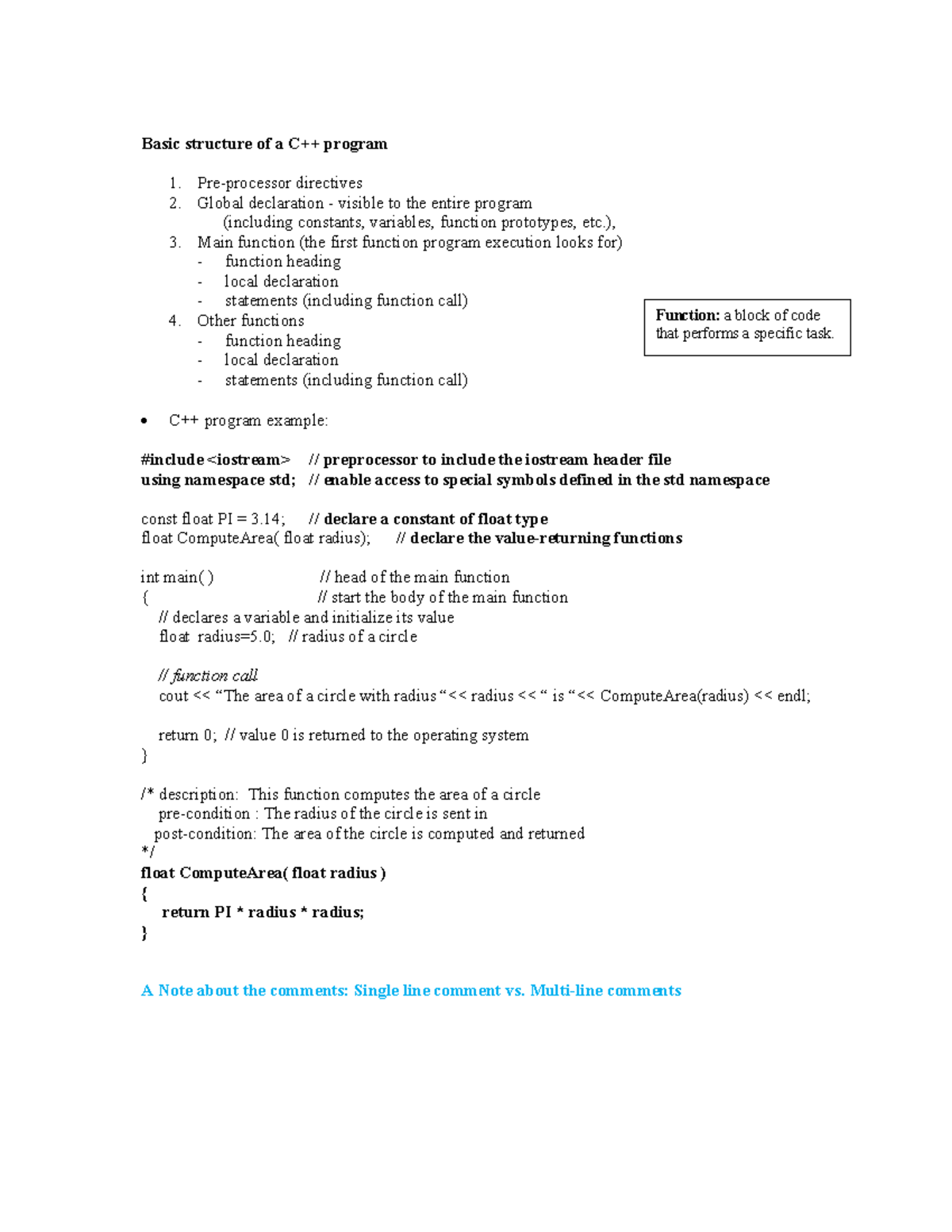 1 Program Structure Notes Basic Structure Of A C Program 1 Pre Processor Directives 2 6093
