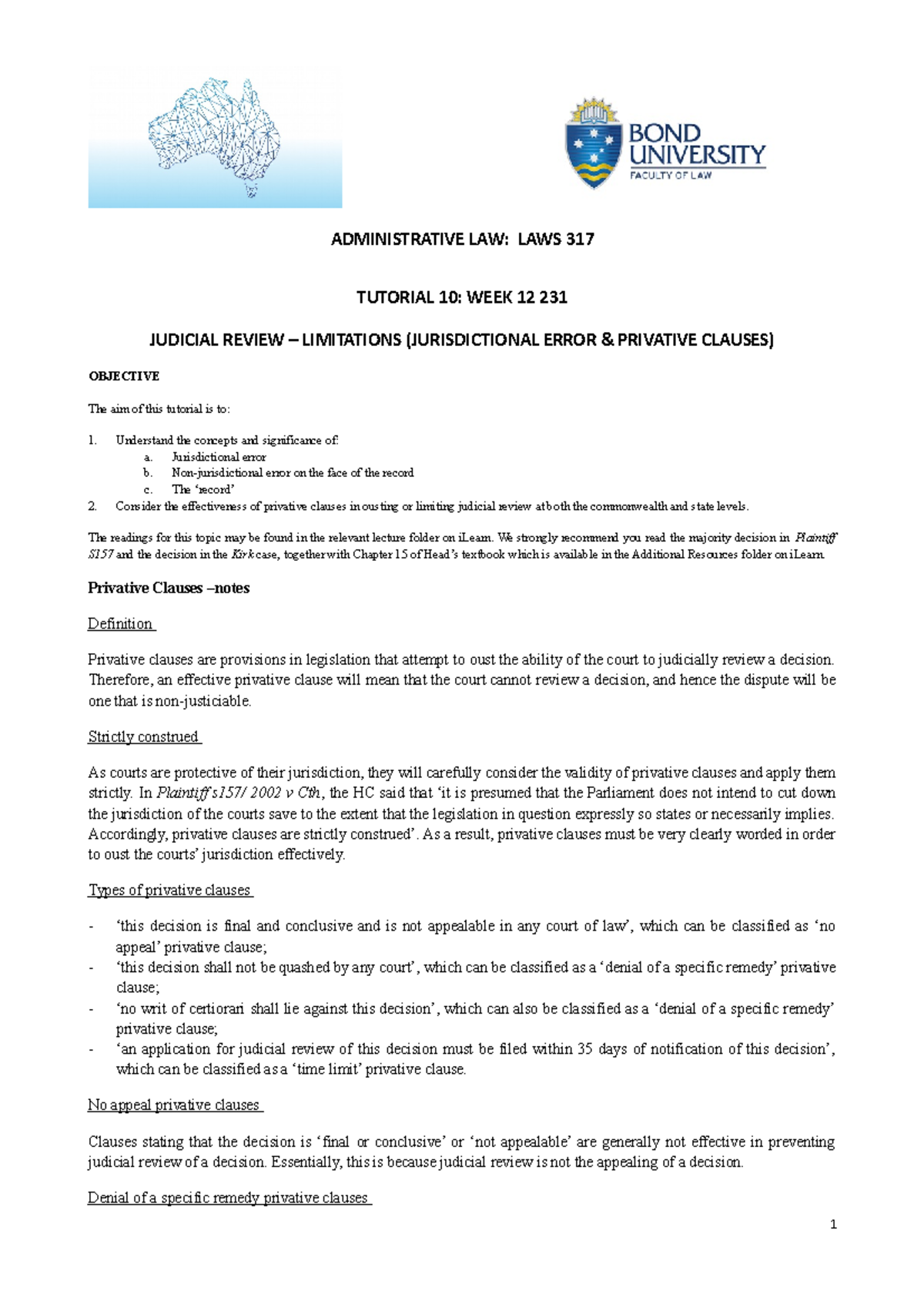 231 Tutorial 10 Wk 12 Jurisdictional Error and Privative Clause - ADMINISTRATIVE LAW: LAWS 317 ...