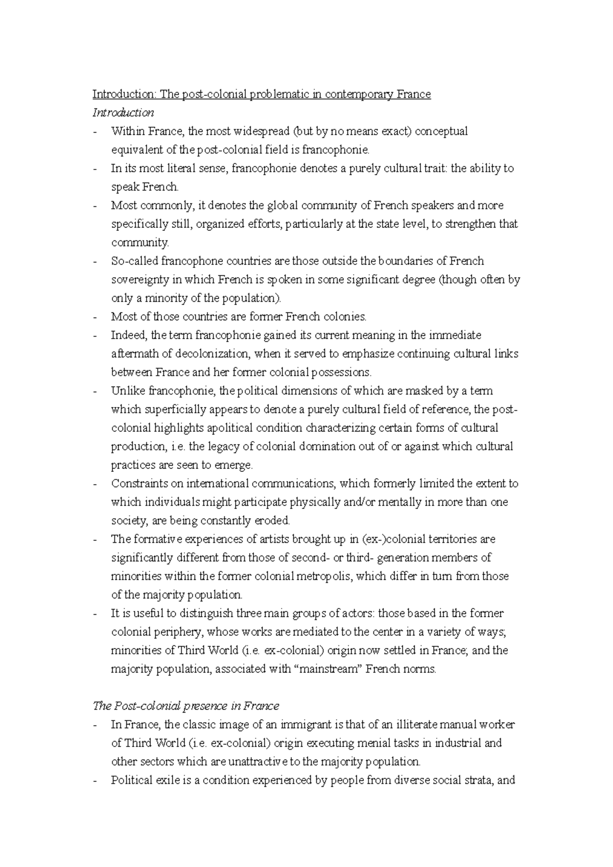 Introduction Notes - Introduction: The post-colonial problematic in ...