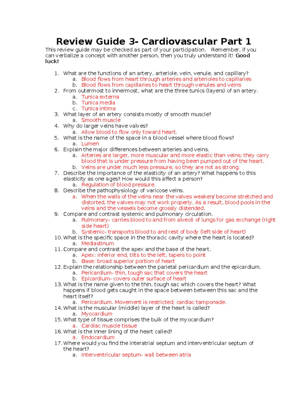 Review Guide 3 Cardiovascular Part 1 - Review Guide 3- Cardiovascular ...