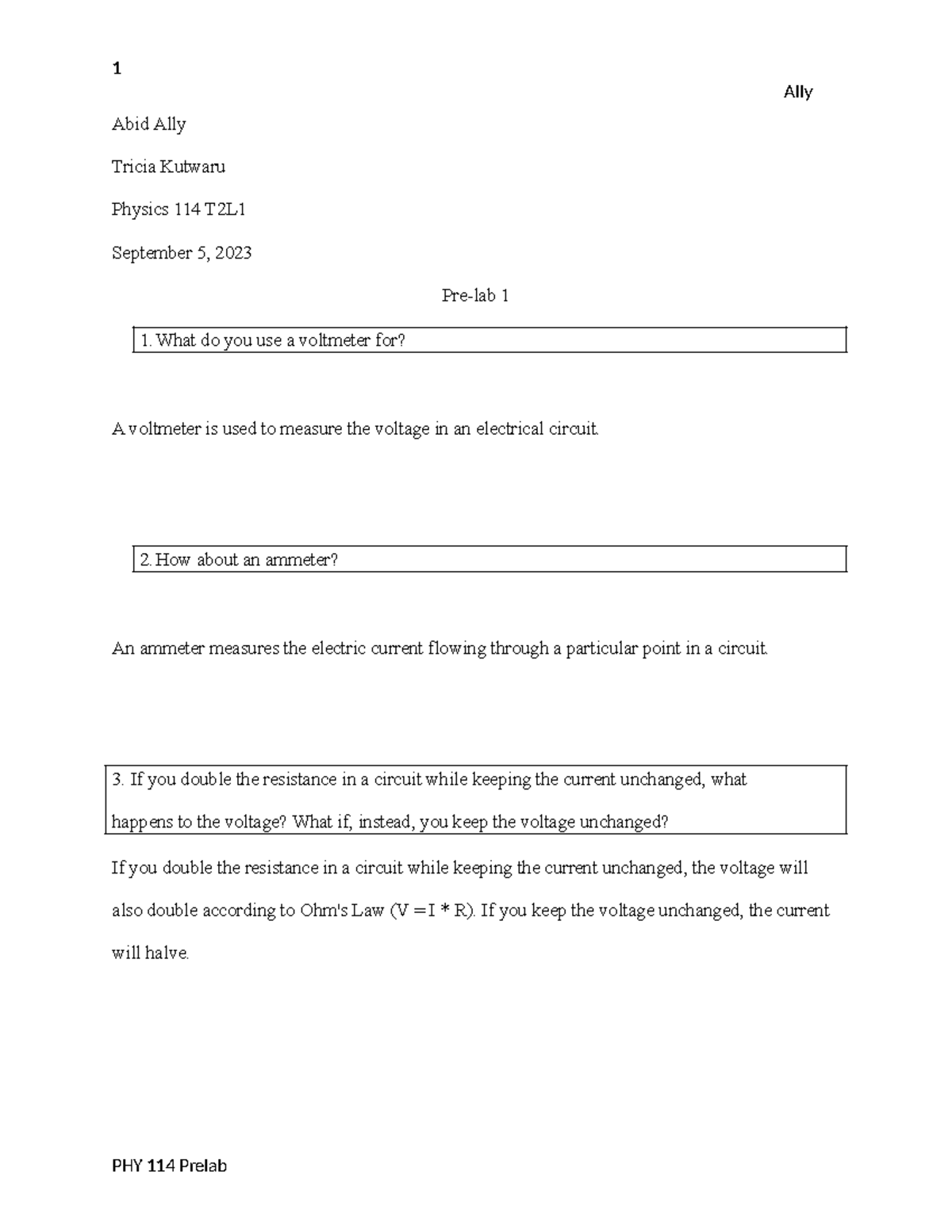 Pre lab 1 original - excellent grade 5/5 - 1 Ally Abid Ally Tricia ...