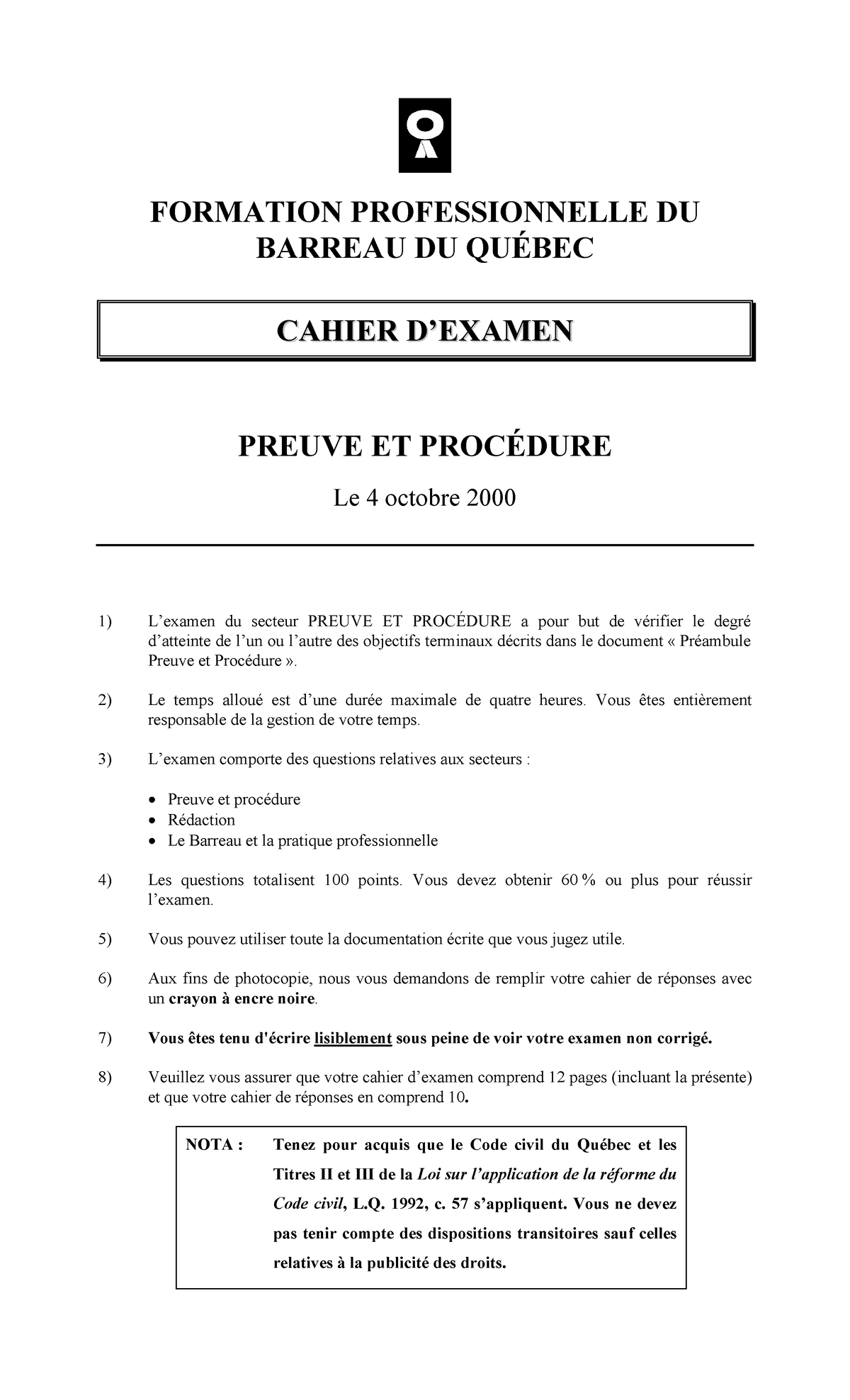 2000-10-04 - Preuve et procédure (régulier) - FORMATION PROFESSIONNELLE DU BARREAU DU QUÉBEC C ...