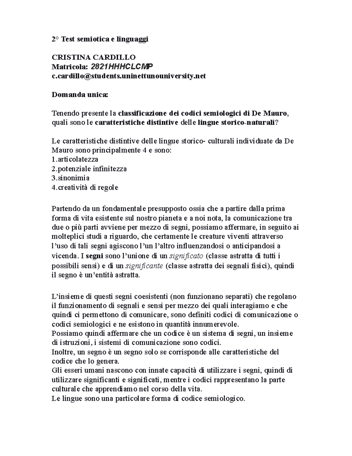 lingue storico-naturali - 2° Test semiotica e linguaggi CRISTINA ...