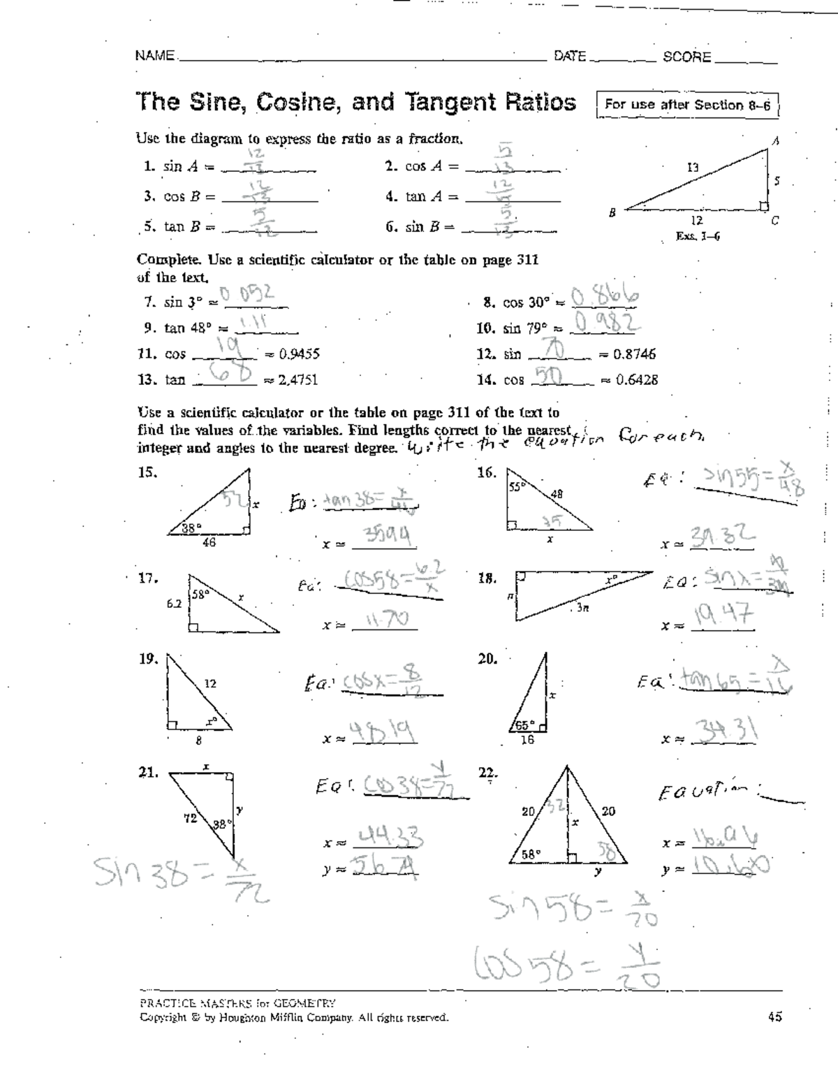 Sin Cos Tan - Idk - NAME ___________________ DATE ___ SCORE __ _ The ...