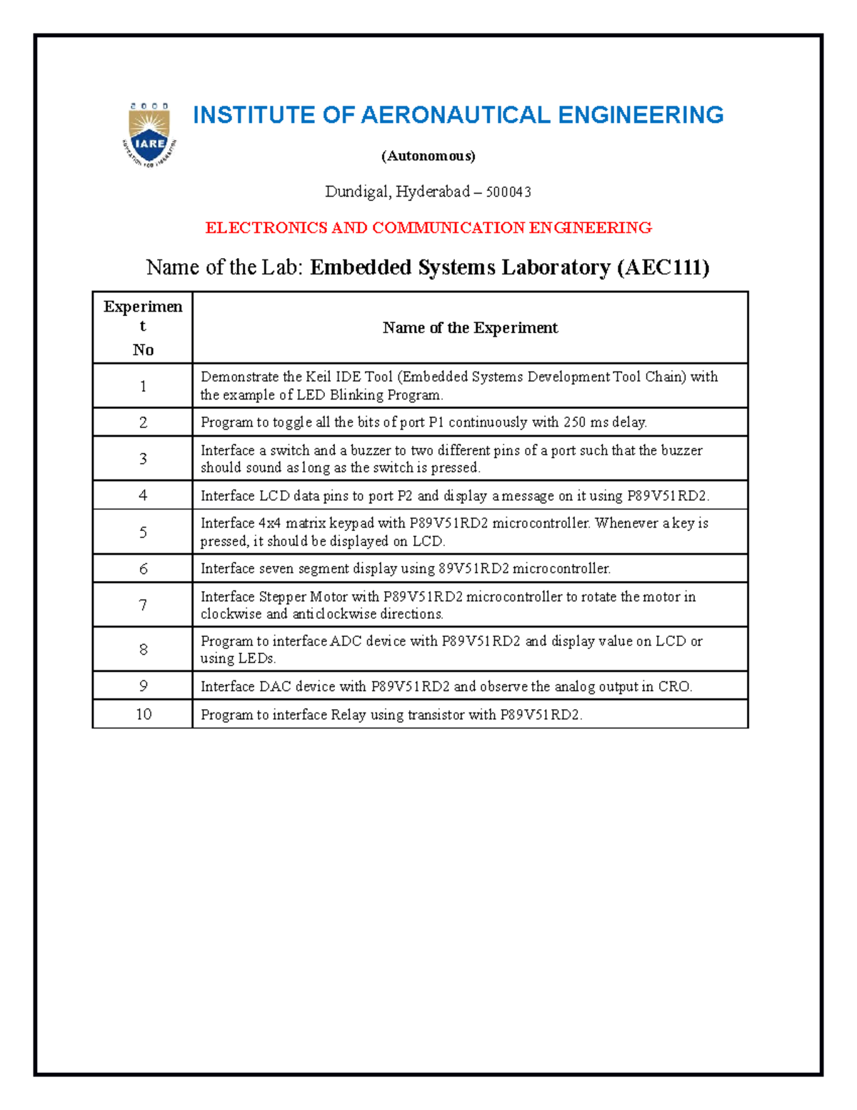 AEC111 Embedded Systems Lab Experiments - INSTITUTE OF AERONAUTICAL ...