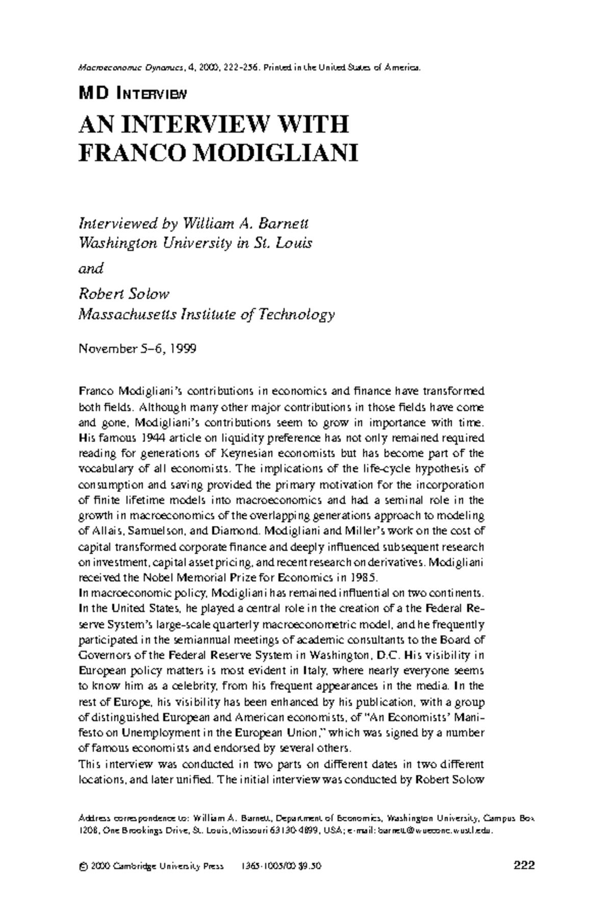 An Interview with Franco Modigliani - Macroeconomic Dynamics , 4 , 2000 ...