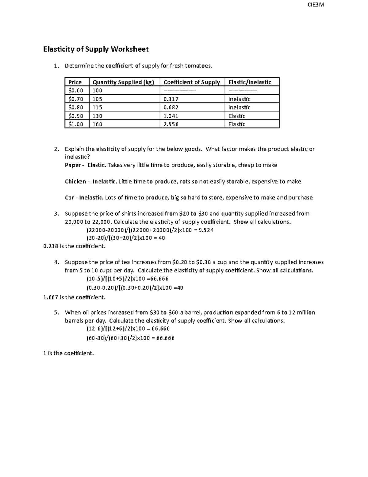Copy of Elasticity of Supply Worksheet 2 VSS 2020 - CIE3M Elasticity of ...