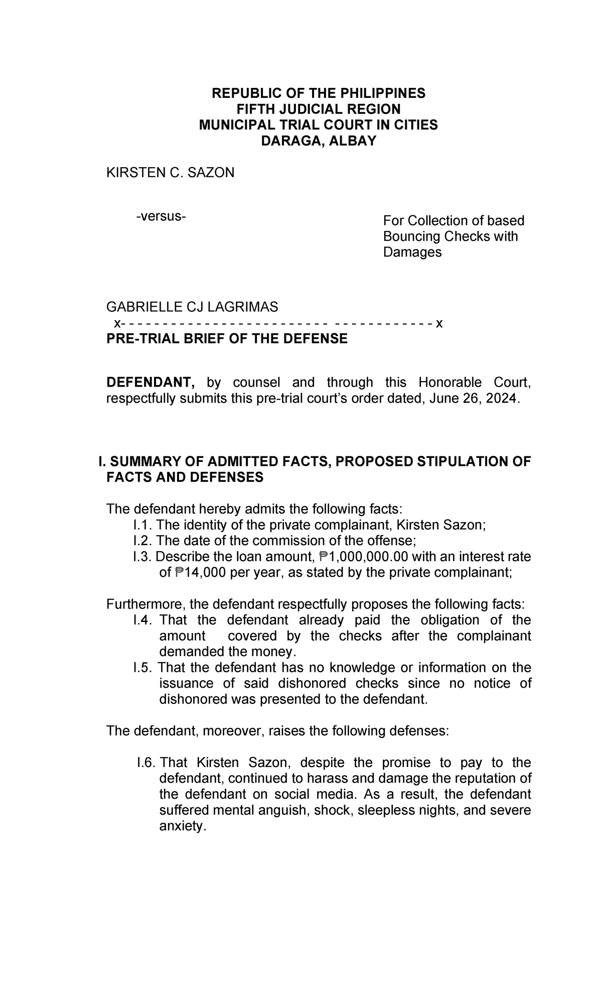 Pre-trial brief Example Format - REPUBLIC OF THE PHILIPPINES FIFTH ...