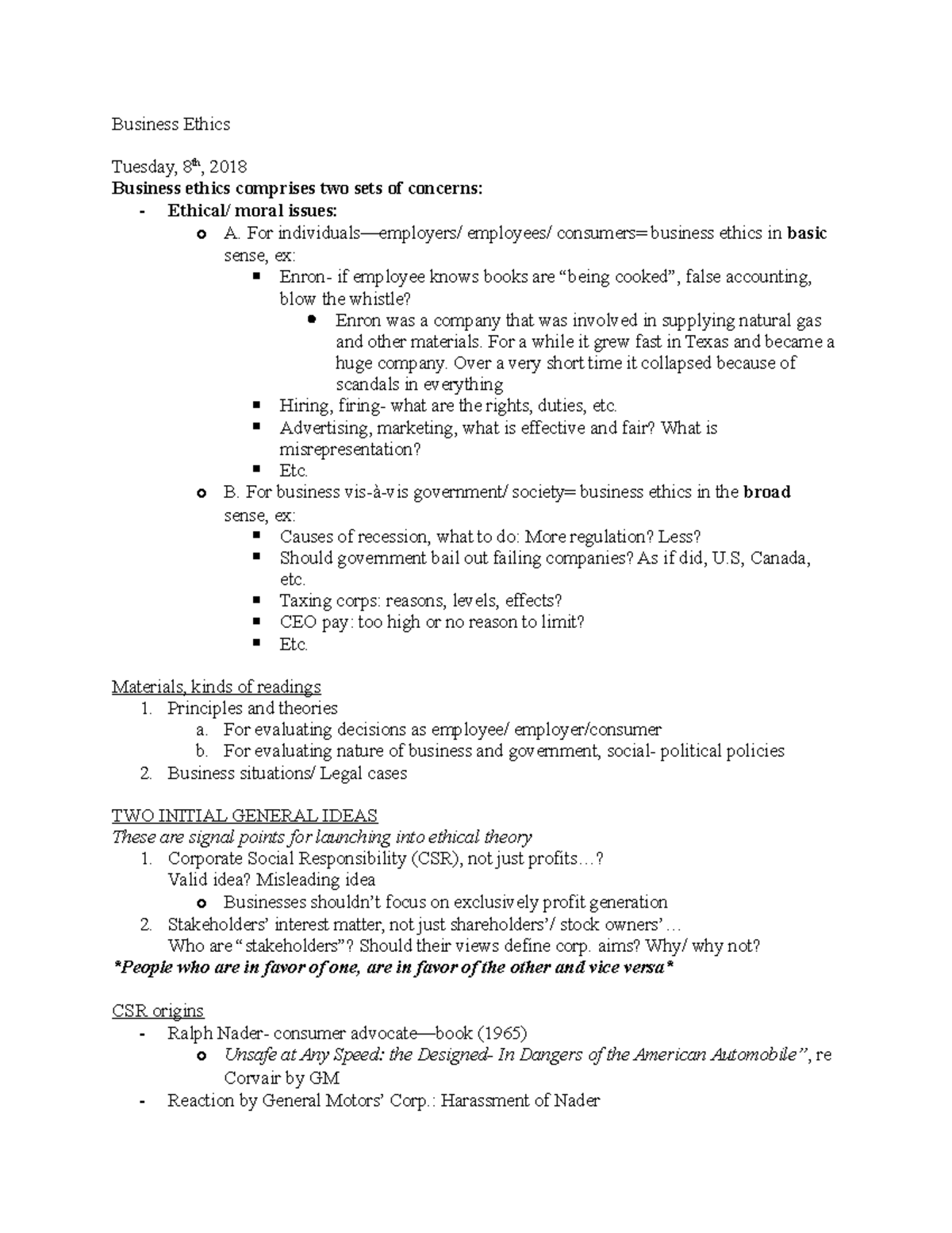 Business-Ethics - Lecture notes all - Business Ethics Tuesday, 8th ...