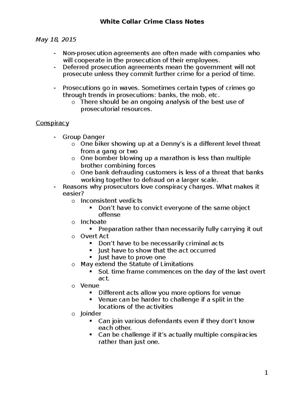 Devin's 5-18 Notes - White Collar Crime Class Notes May 18, 2015 Non ...