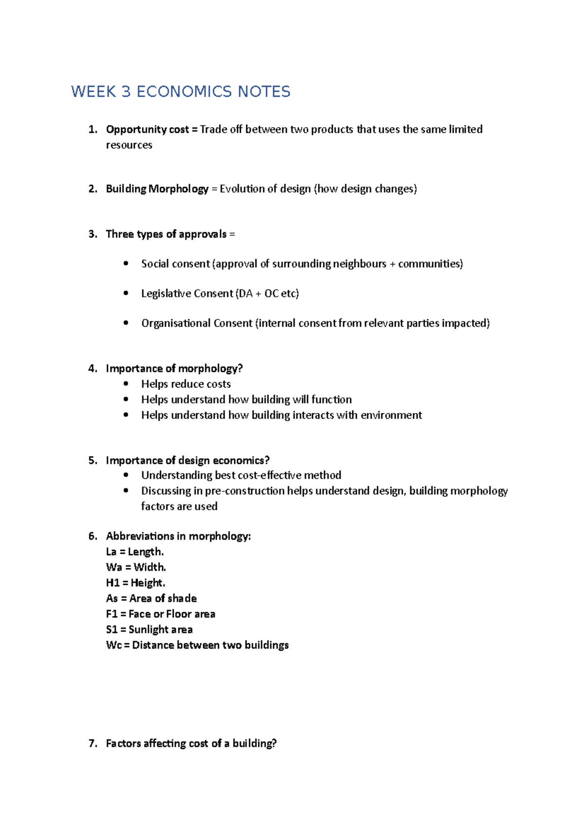 BLDG1024 WEEK 3 Notes - WEEK 3 ECONOMICS NOTES Opportunity cost = Trade ...