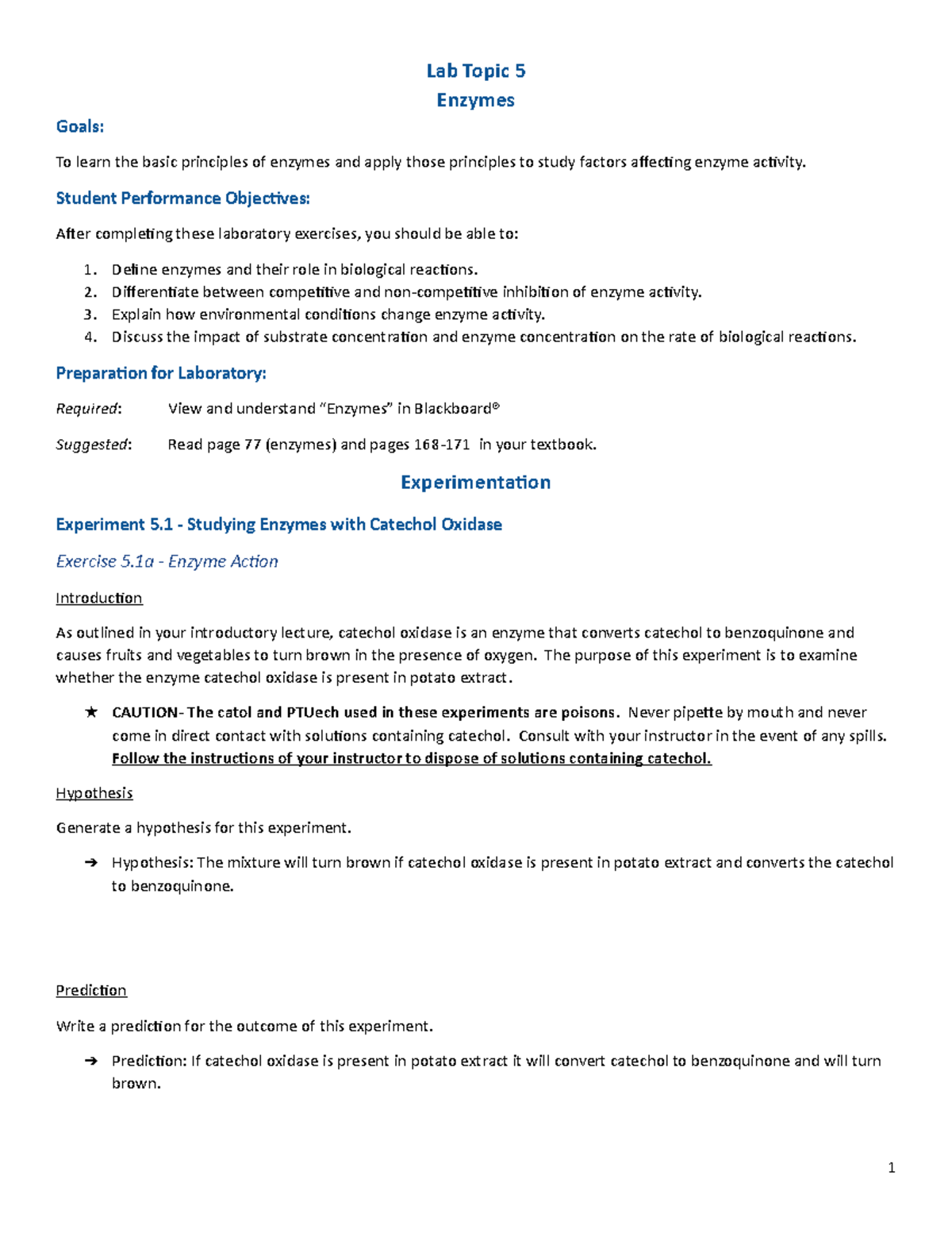 BI 151 -Lab 5 Enzymes - Lab Topic 5 Enzymes Goals: To learn the basic ...