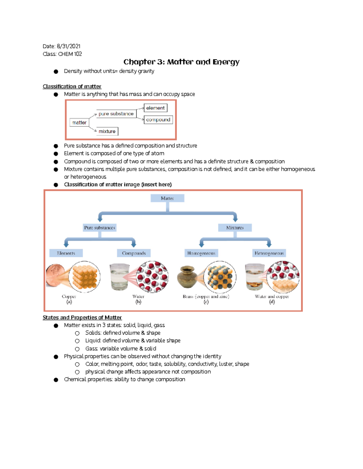 Chapter 3: Matter and Energy - Date: 8/31/ Class: CHEM 102 Chapter 3 ...