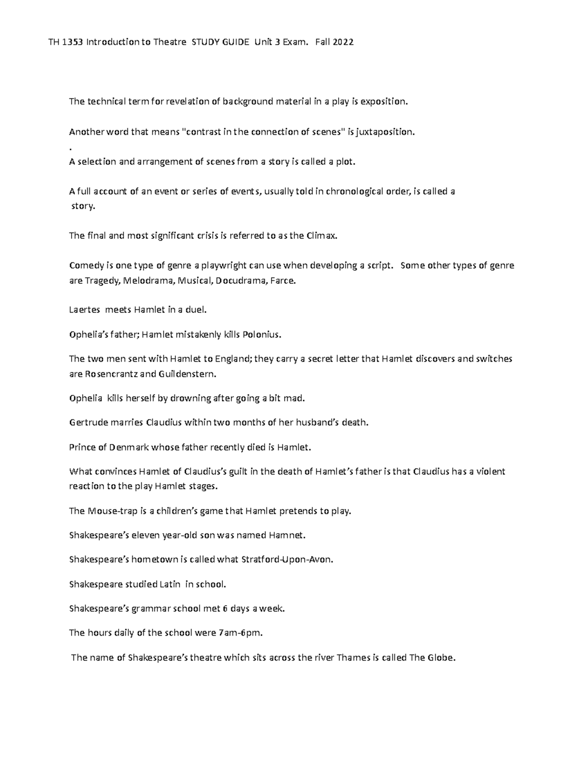 TH1353Introductionto Theatre Studyguideunit 3Exam - TH 1353 ...