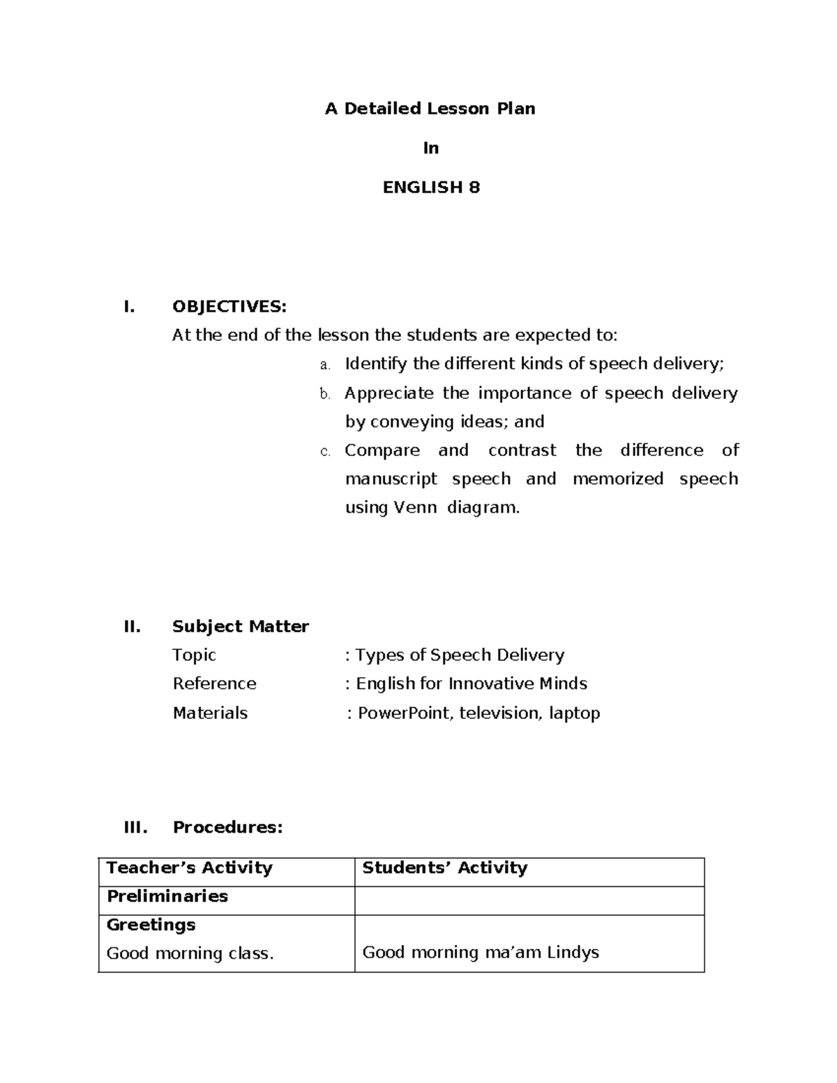 Speech delivery LP - Lesson plan - A Detailed Lesson Plan In ENGLISH 8 ...