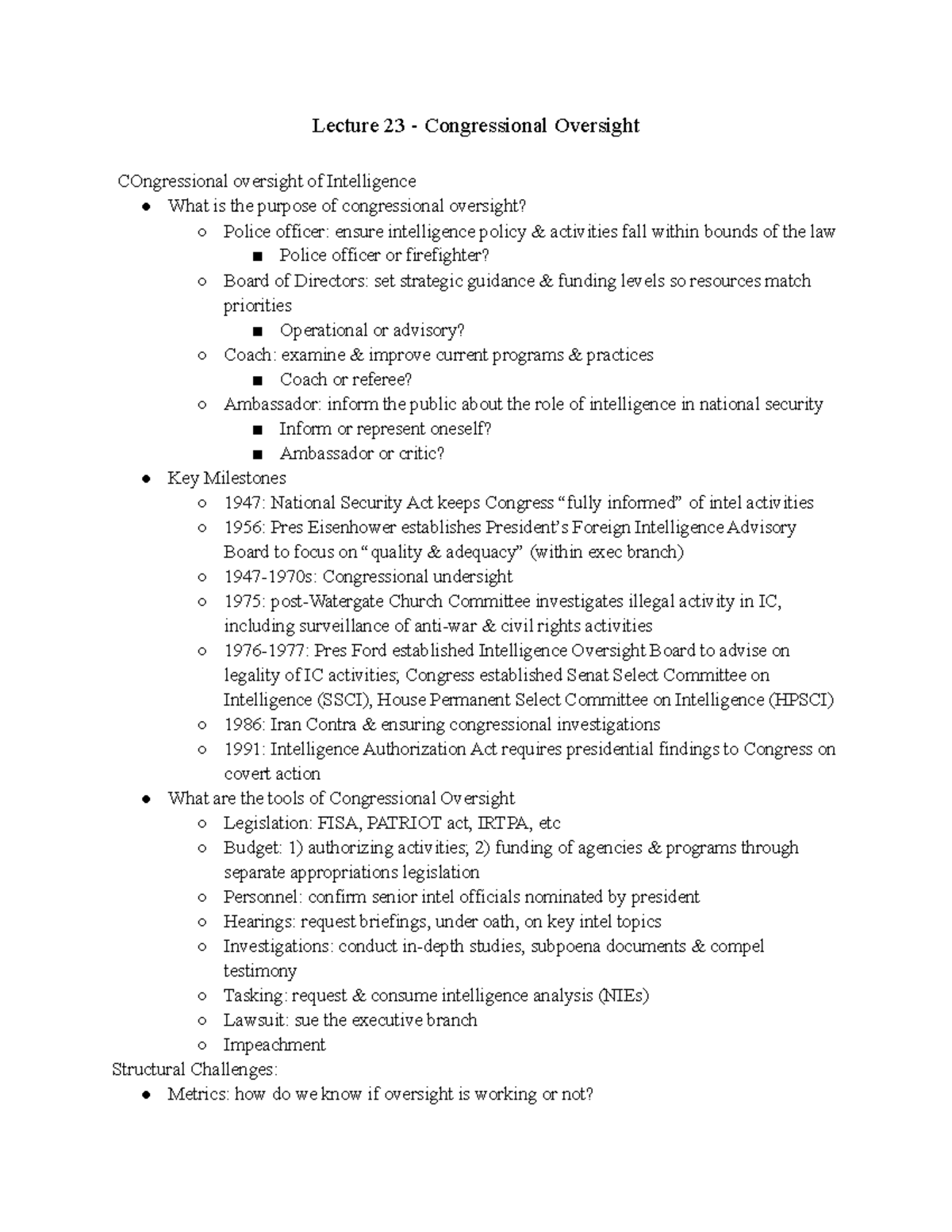 Lecture 23 - Congressional Oversight - Lecture 23 - Congressional ...