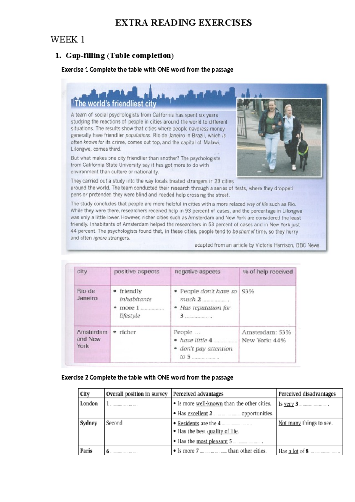 Extra Reading 2 Exercises - EXTRA READING EXERCISES WEEK 1 Gap-filling ...
