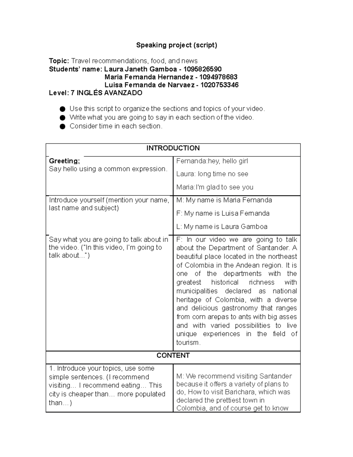 Speaking project (script) level 7 - Speaking project (script) Topic: Travel recommendations ...