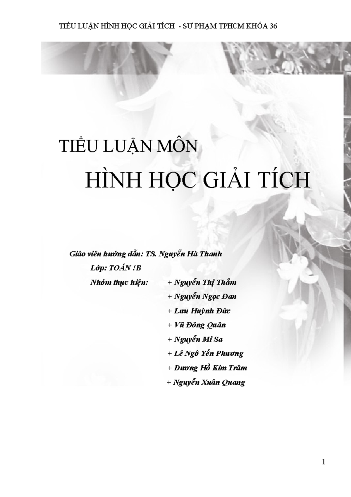 Bai tap Hinh hoc giai tich - TIỂU LUẬN MÔN HÌNH HỌC GIẢI TÍCH Giáo viên ...