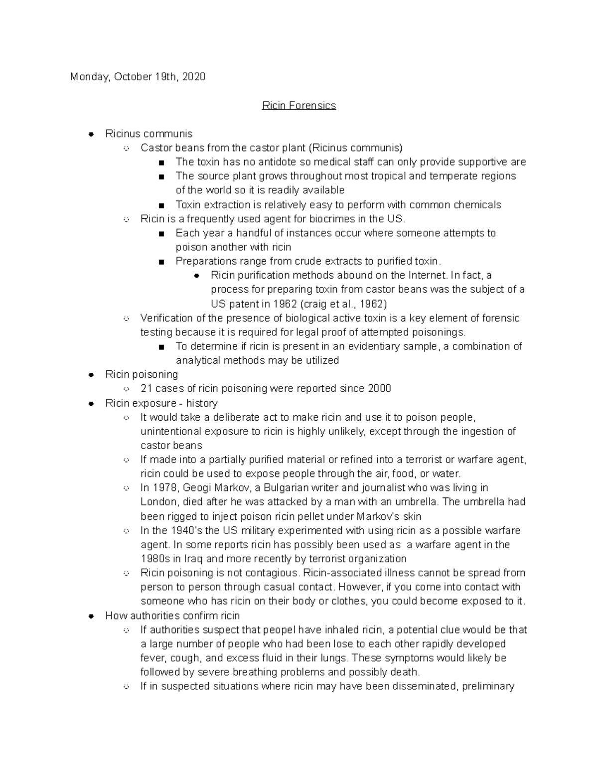 Class Notes Ricin Forensics - Monday, October 19th, 2020 Ricin ...