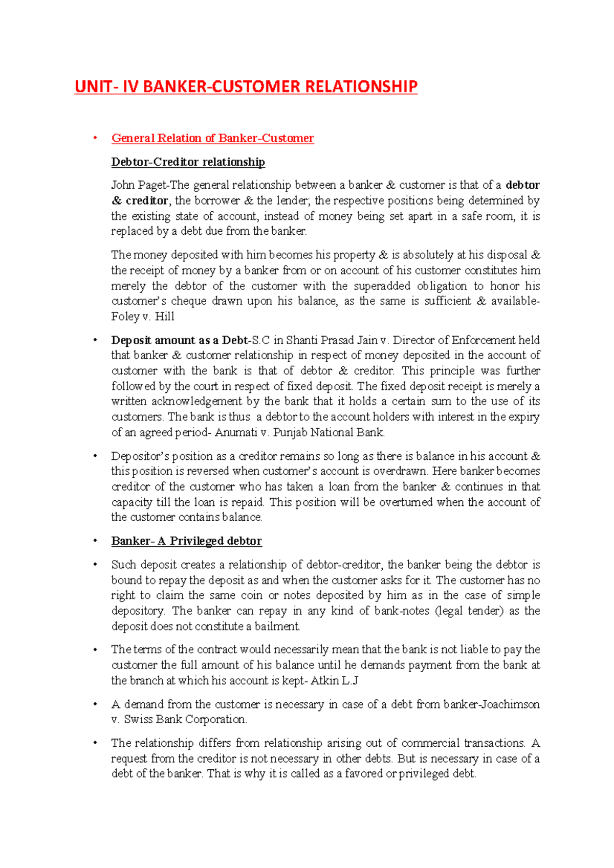 Module 4 - class notes - UNIT- IV BANKER-CUSTOMER RELATIONSHIP General ...