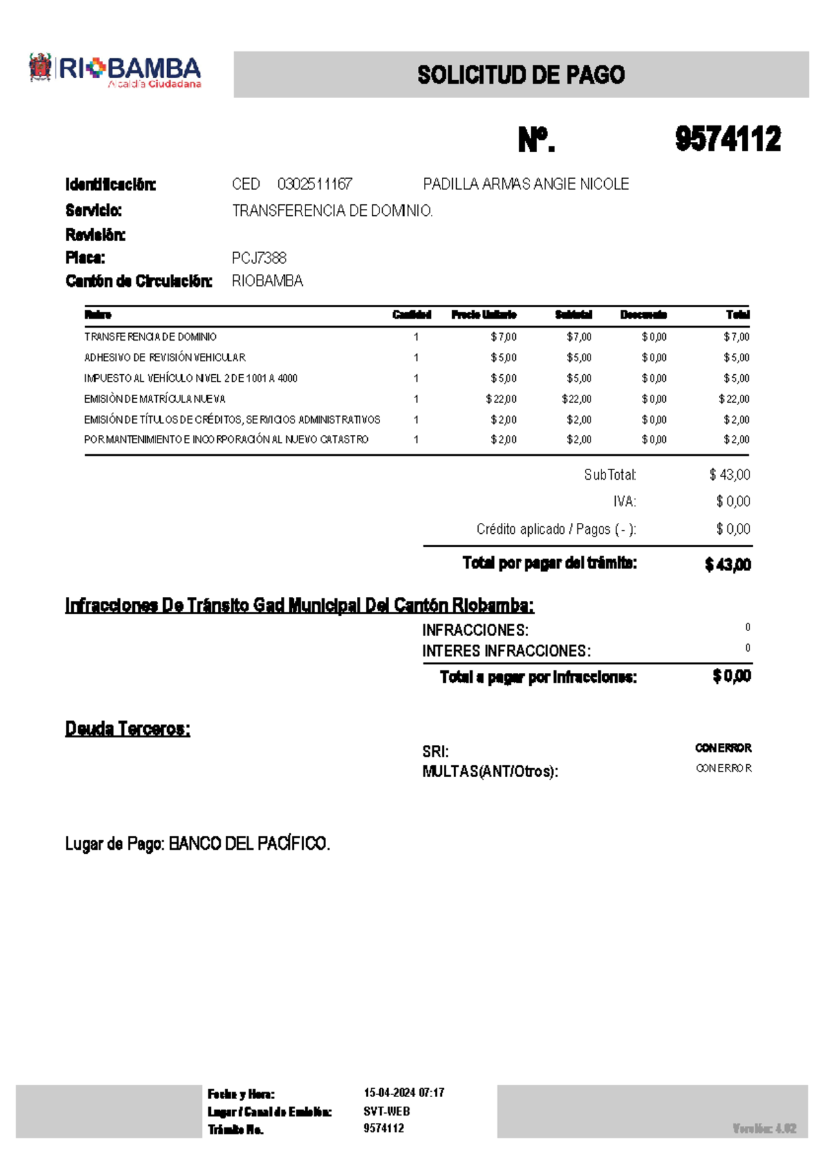 Reporte Jasper - Gracias - Nº. SOLICITUD DE PAGO 9574112 CED 0302511167 ...