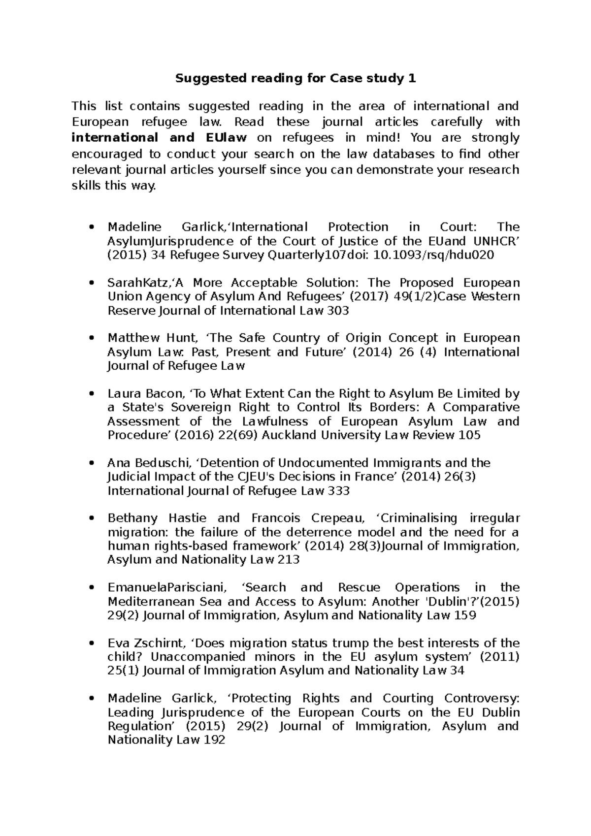 Case study 1 - suggested reading - Suggested reading for Case study 1 ...