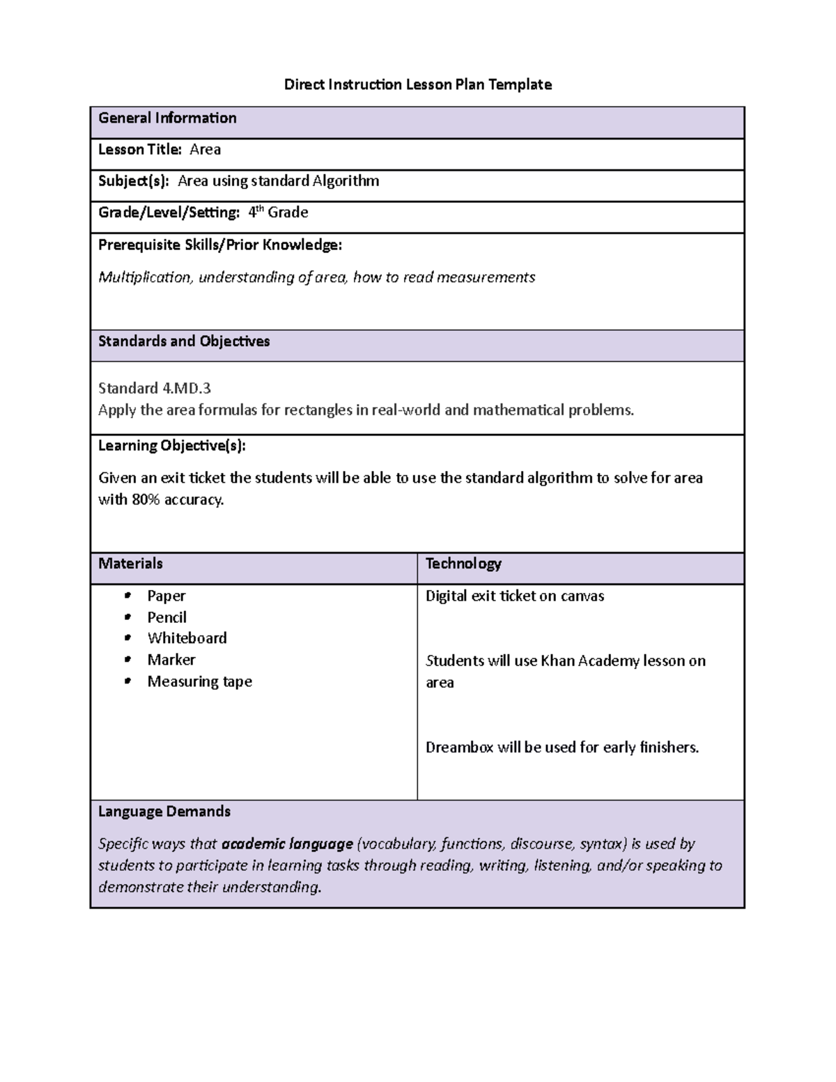 Geometry Task 1 Lesson Plan - Direct Instruction Lesson Plan Template ...