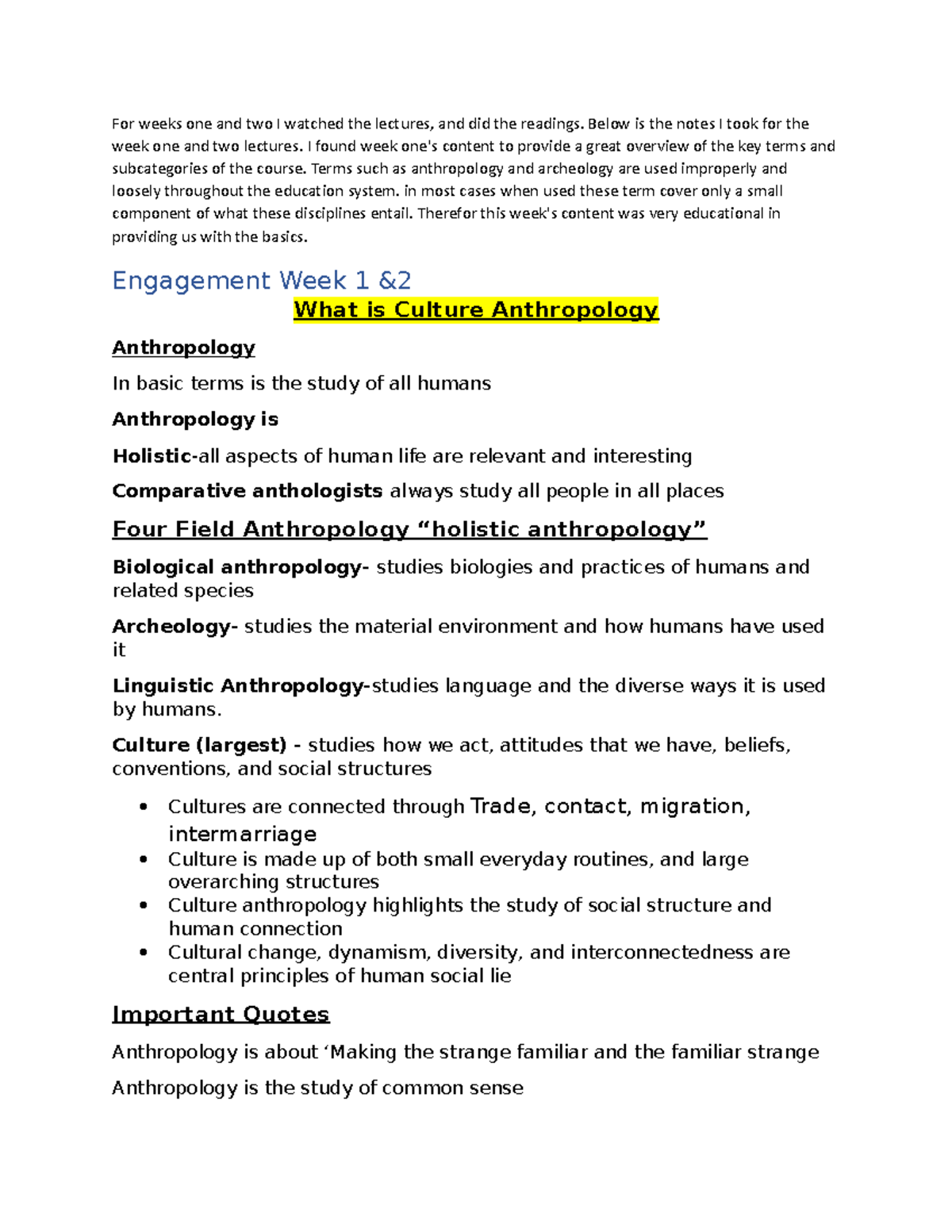 Antrho Weekly assesment copy - For weeks one and two I watched the ...