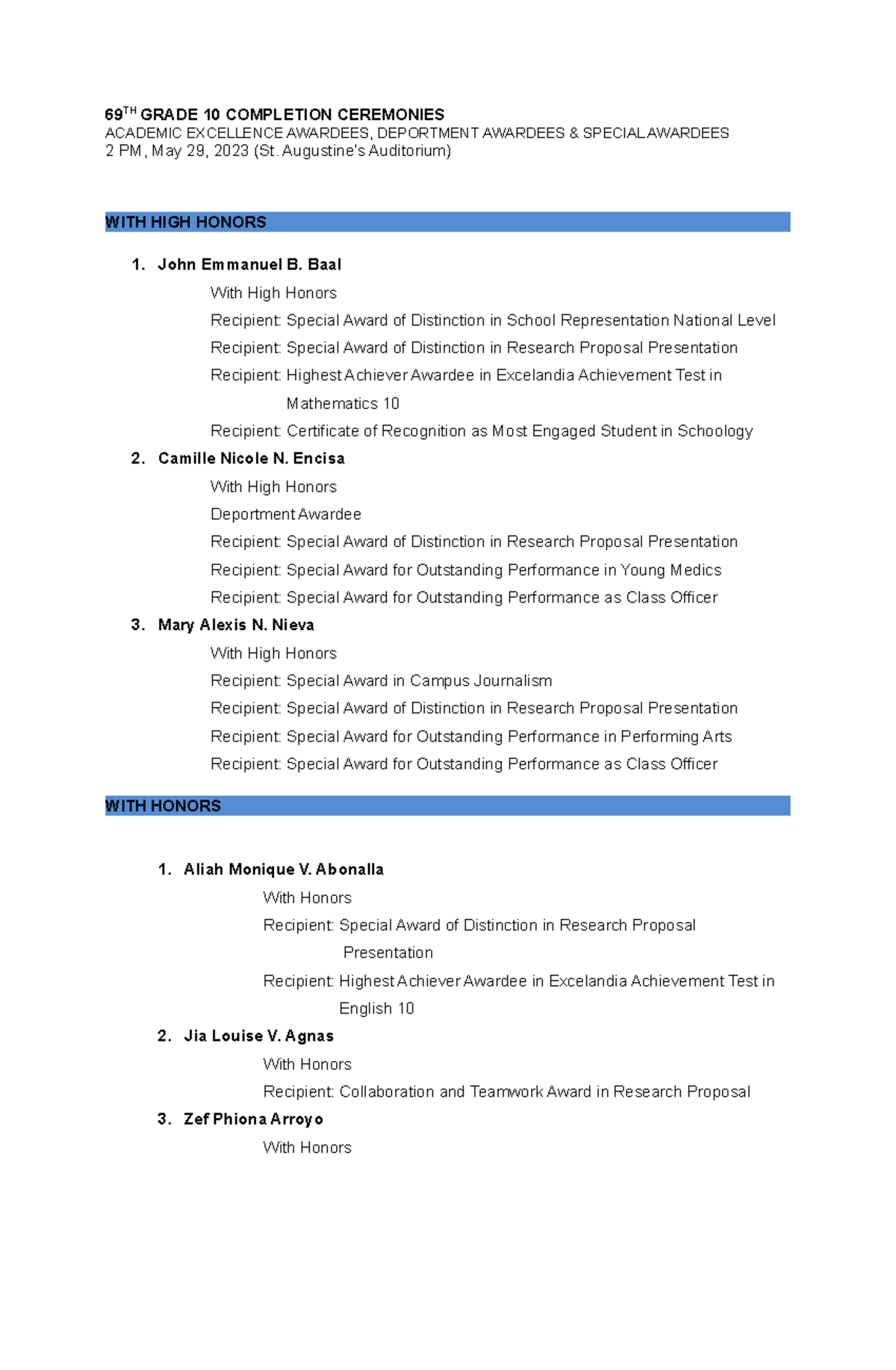 Grade-10- Completion- Honors-AND- Awardees final Revised - 69 TH GRADE ...