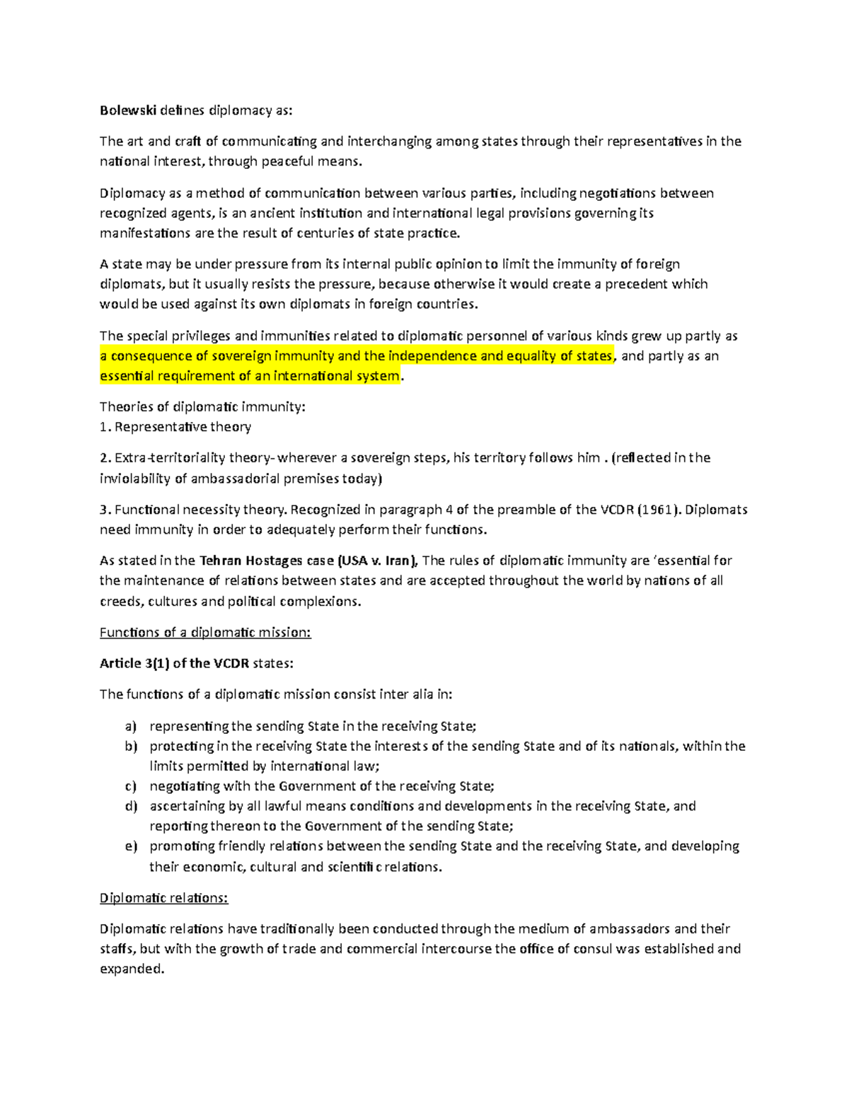 Notes on diplomatic law - Bolewski defines diplomacy as: The art and ...