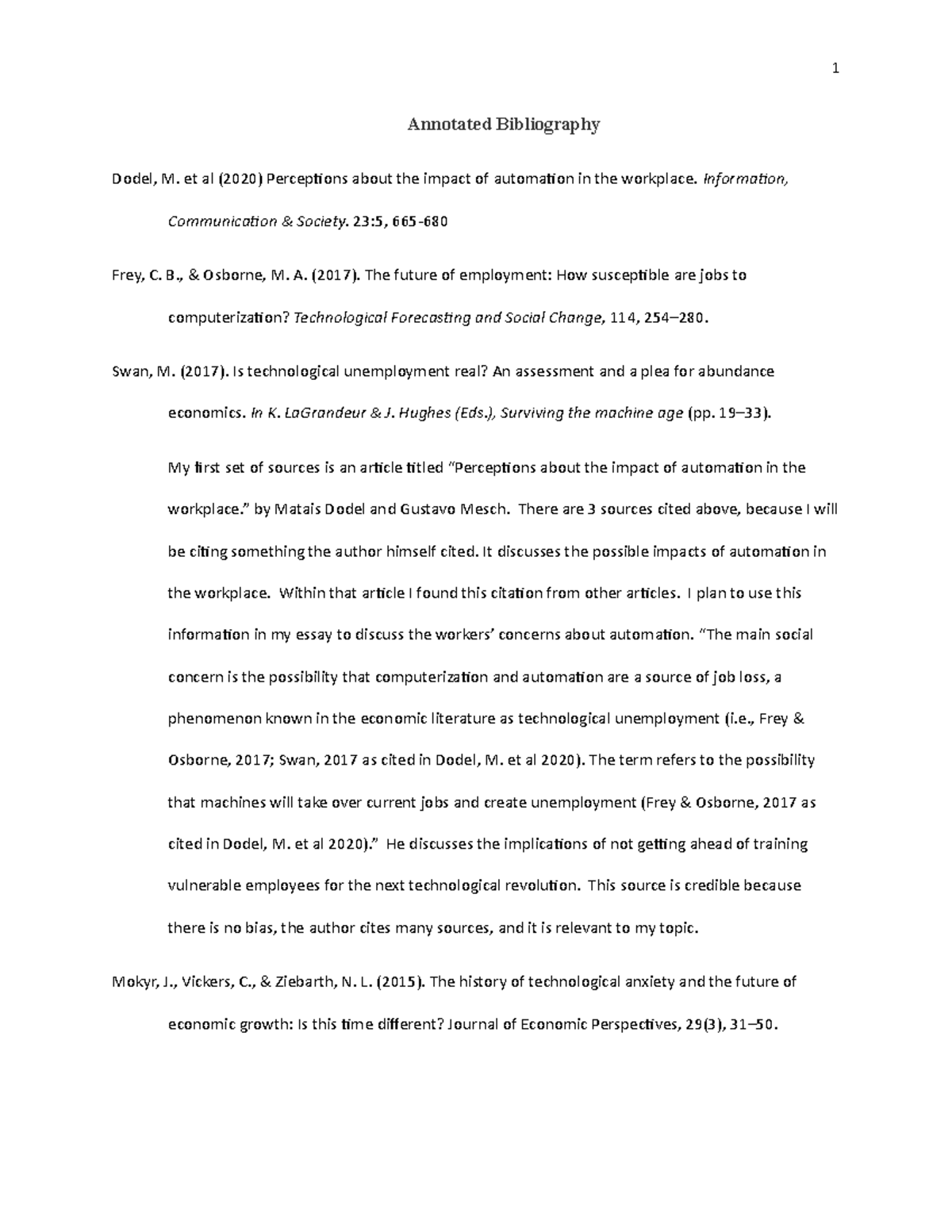 Annotated Bibliography - 1 Annotated Bibliography Dodel, M. et al (2020 ...