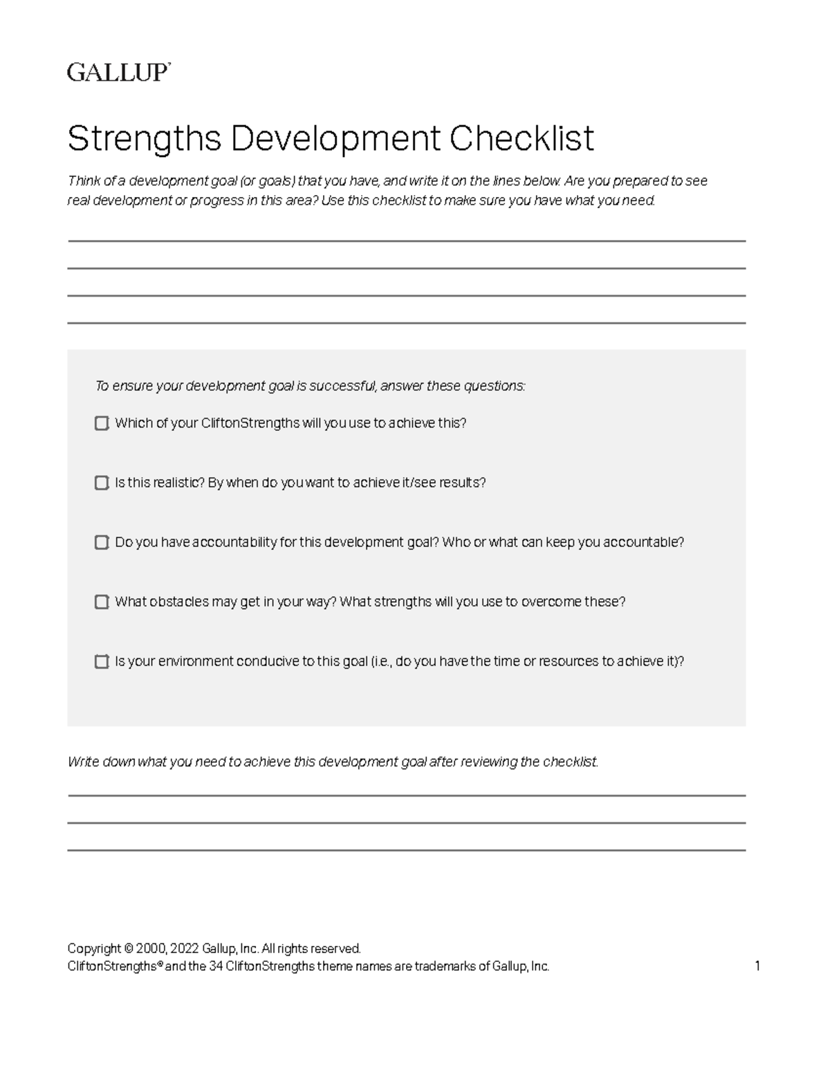 Strengths Development Checklist - Copyright © 2000, 2022 Gallup, Inc ...