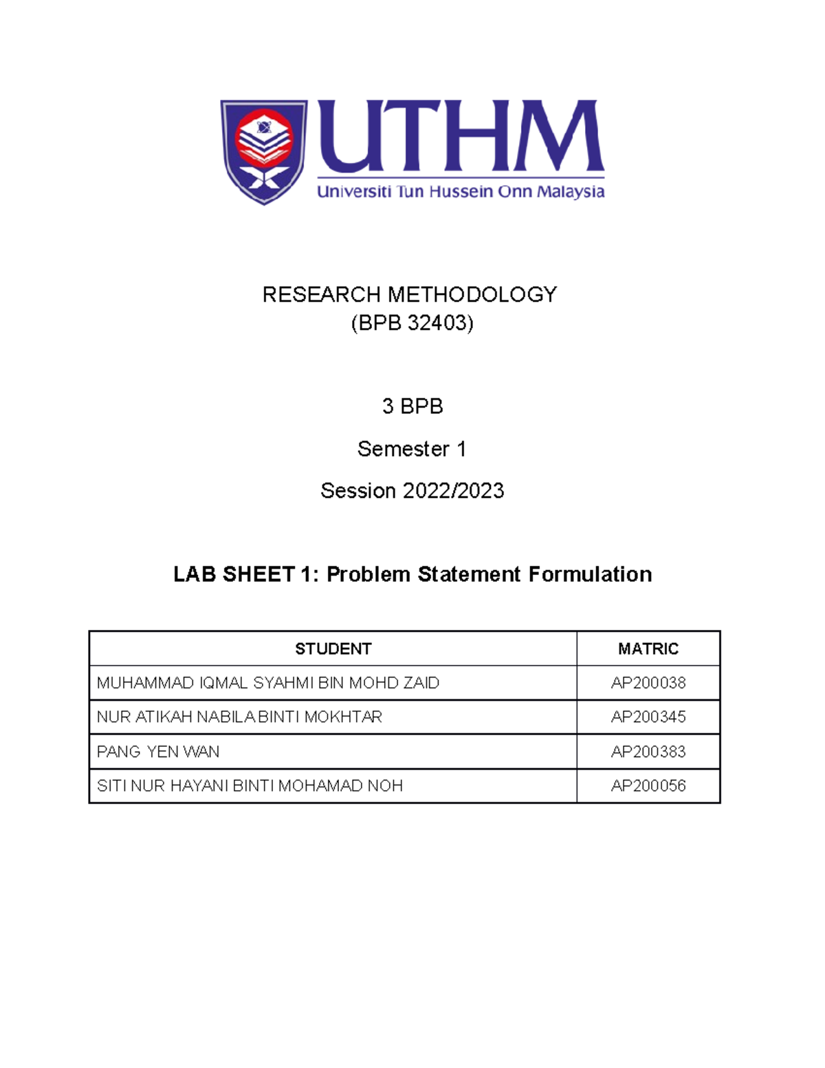 Labsheet 1 Group 5 - RESEARCH METHODOLOGY (BPB 32403) 3 BPB Semester 1 ...
