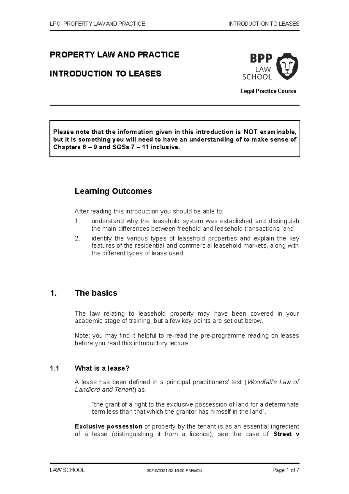 Property Intro to Leases Chapter 2021-22 - LPC: PROPERTY LAW AND ...