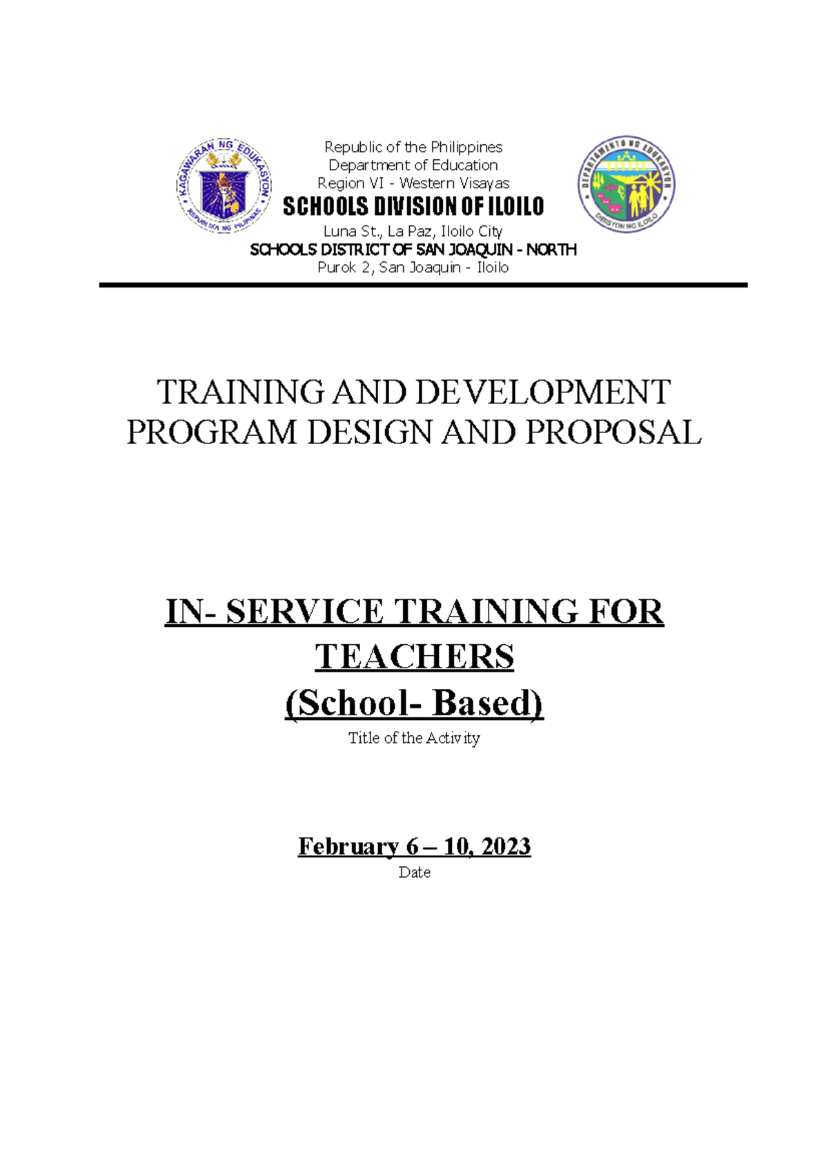 Training Design. Inset District 2023 Jan - Republic of the Philippines ...