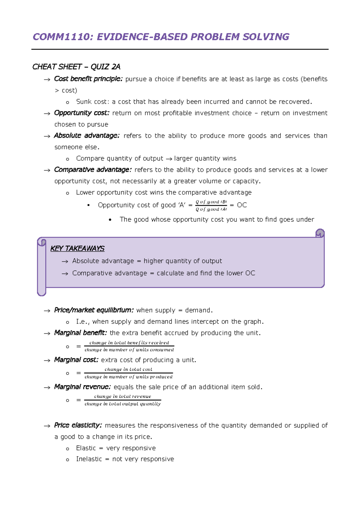 Q2A Cheat Sheet - COMM1100 - COMM1110: EVIDENCE-BASED PROBLEM SOLVING ...