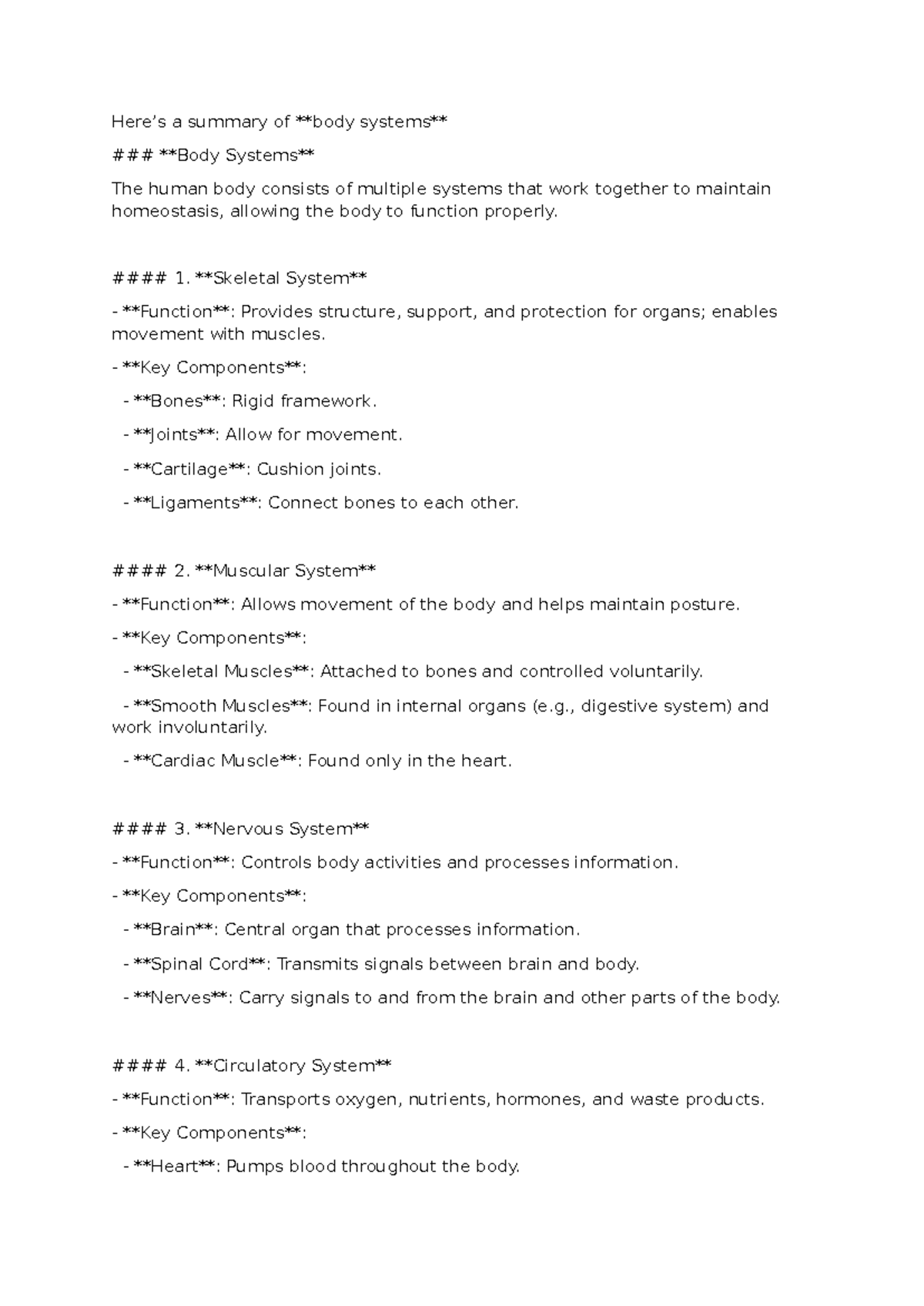 Science - Here’s a summary of body systems Body Systems The human body ...