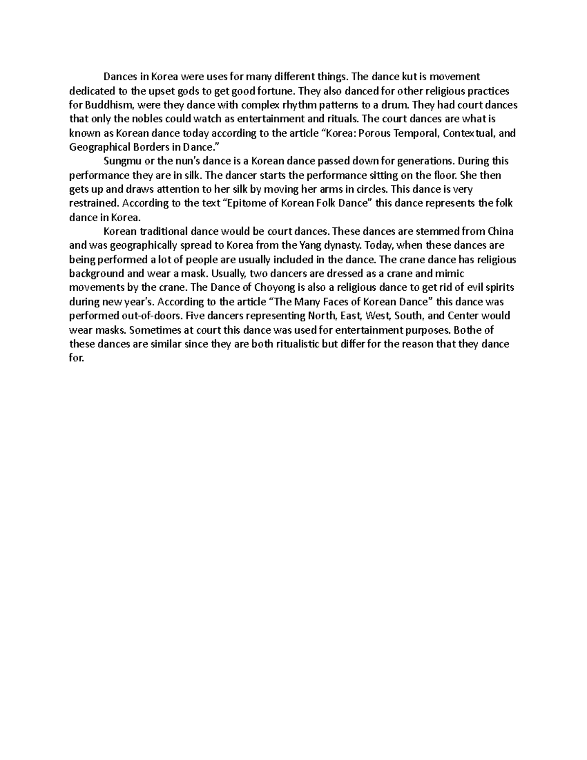 Reading Response 6 - Dances in Korea were uses for many different ...