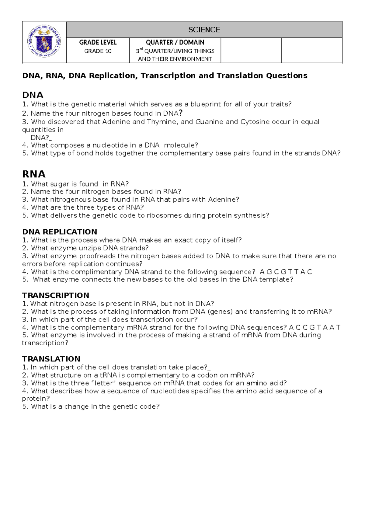 DNA RNA Transcription Translation Activity Sheet - SCIENCE GRADE LEVEL ...