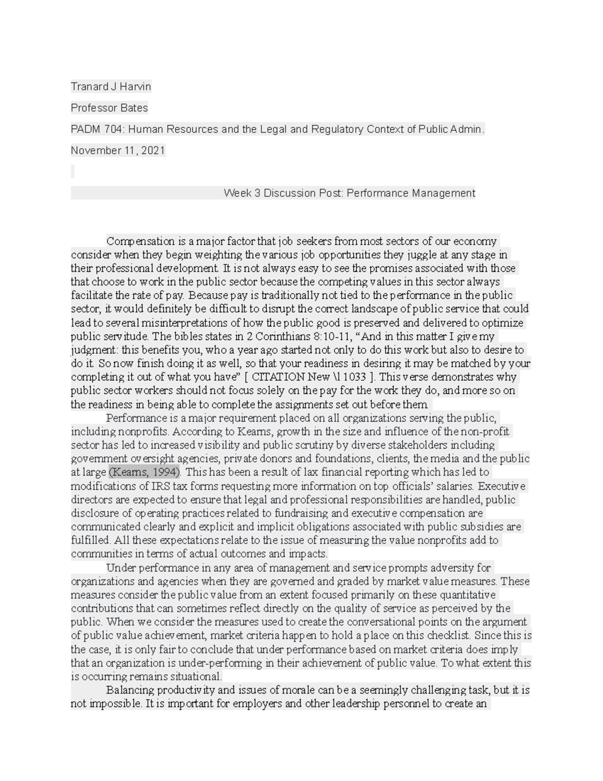 Week 3 Discussion Post Tranard J Harvin Professor Bates Padm 704 Human Resources And The