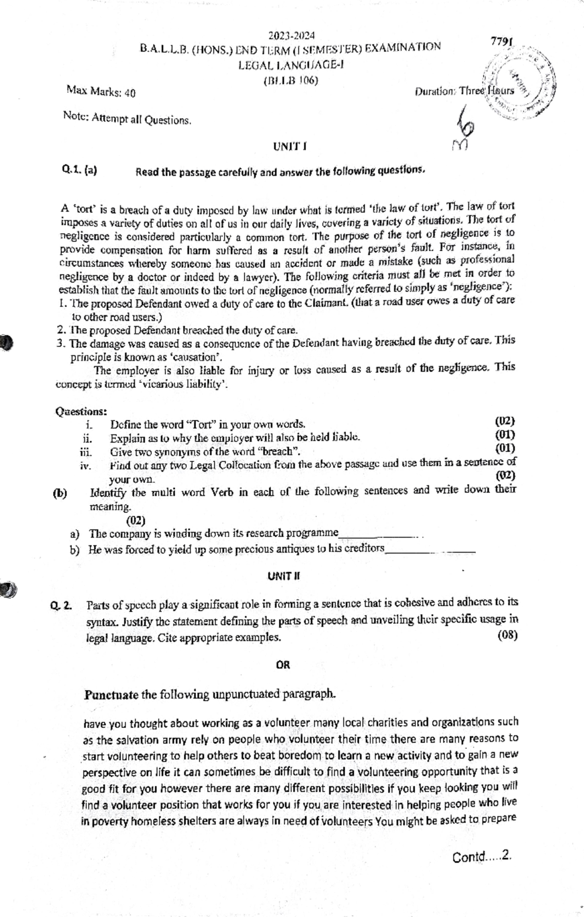 Legal Language PYQ Amumc - Max Marks: 40 Q. (a) Note: Attenmpt ...