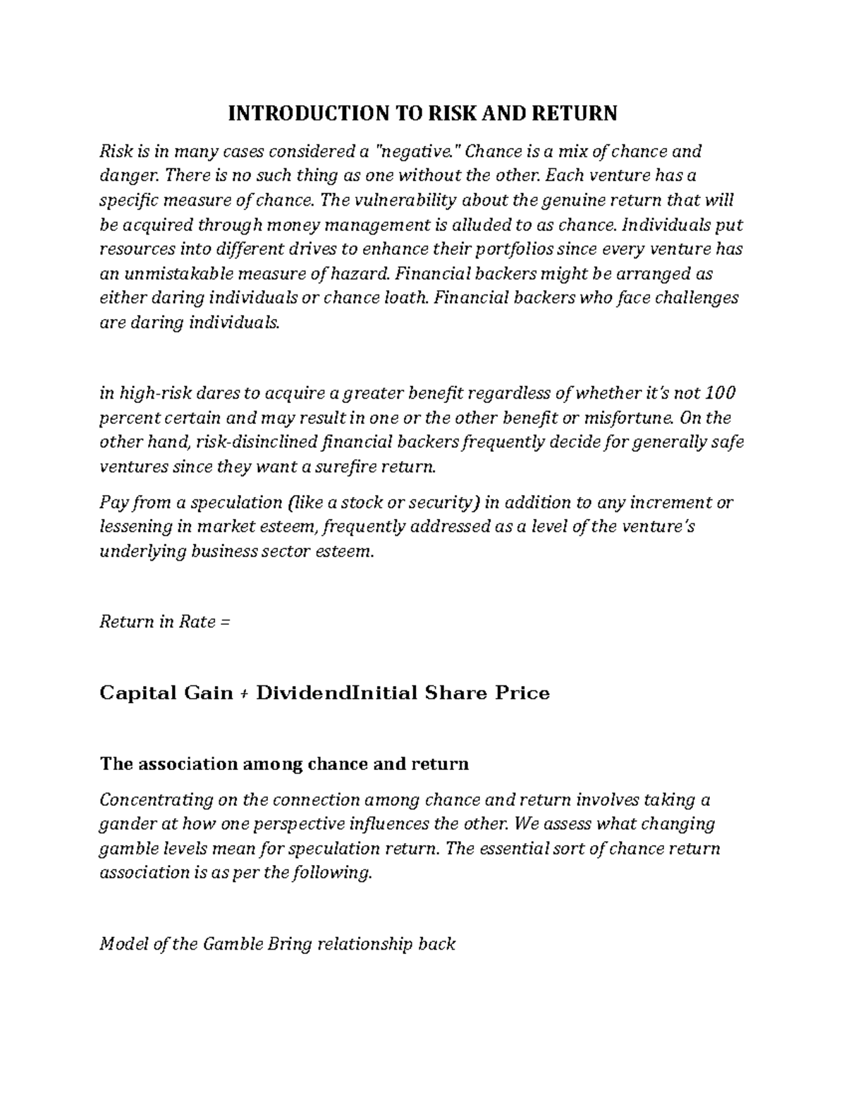 Introduction TO RISK AND Return - INTRODUCTION TO RISK AND RETURN Risk ...